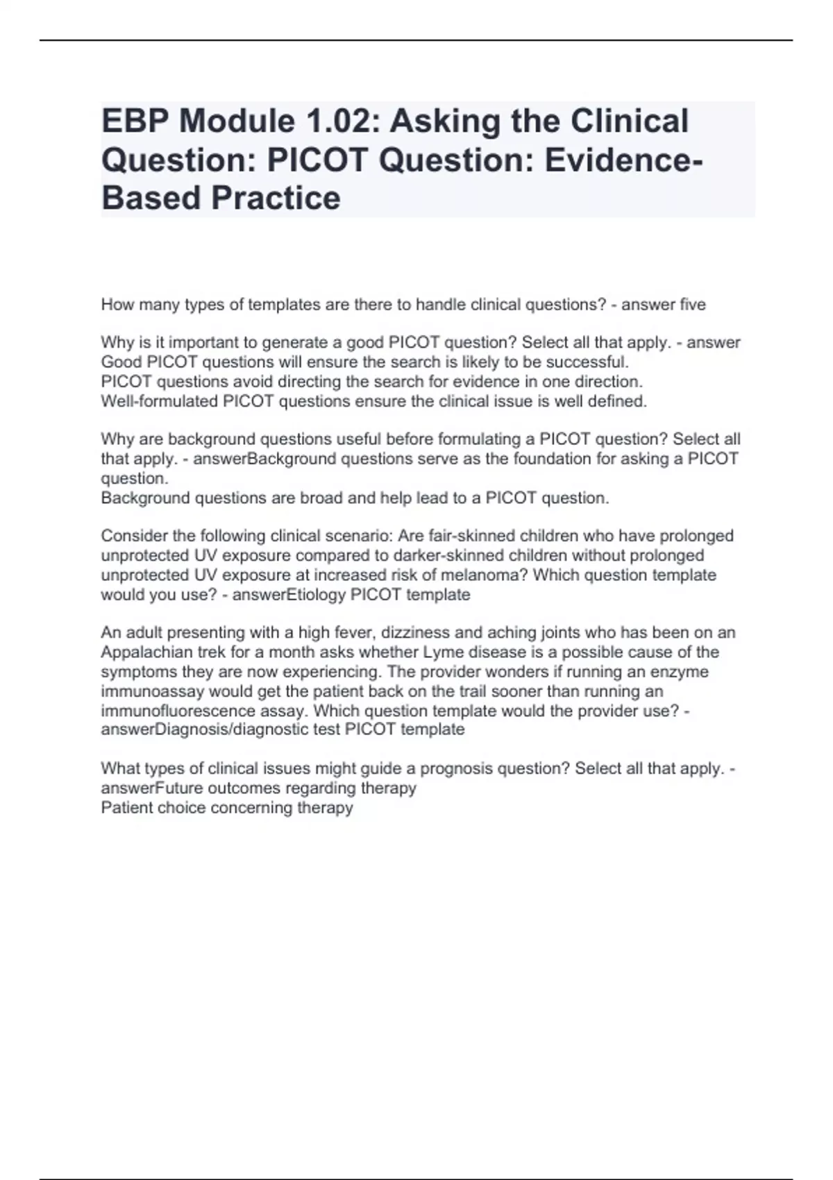 EBP Module 1.02: Asking the Clinical Question: PICOT Quest-Based ...