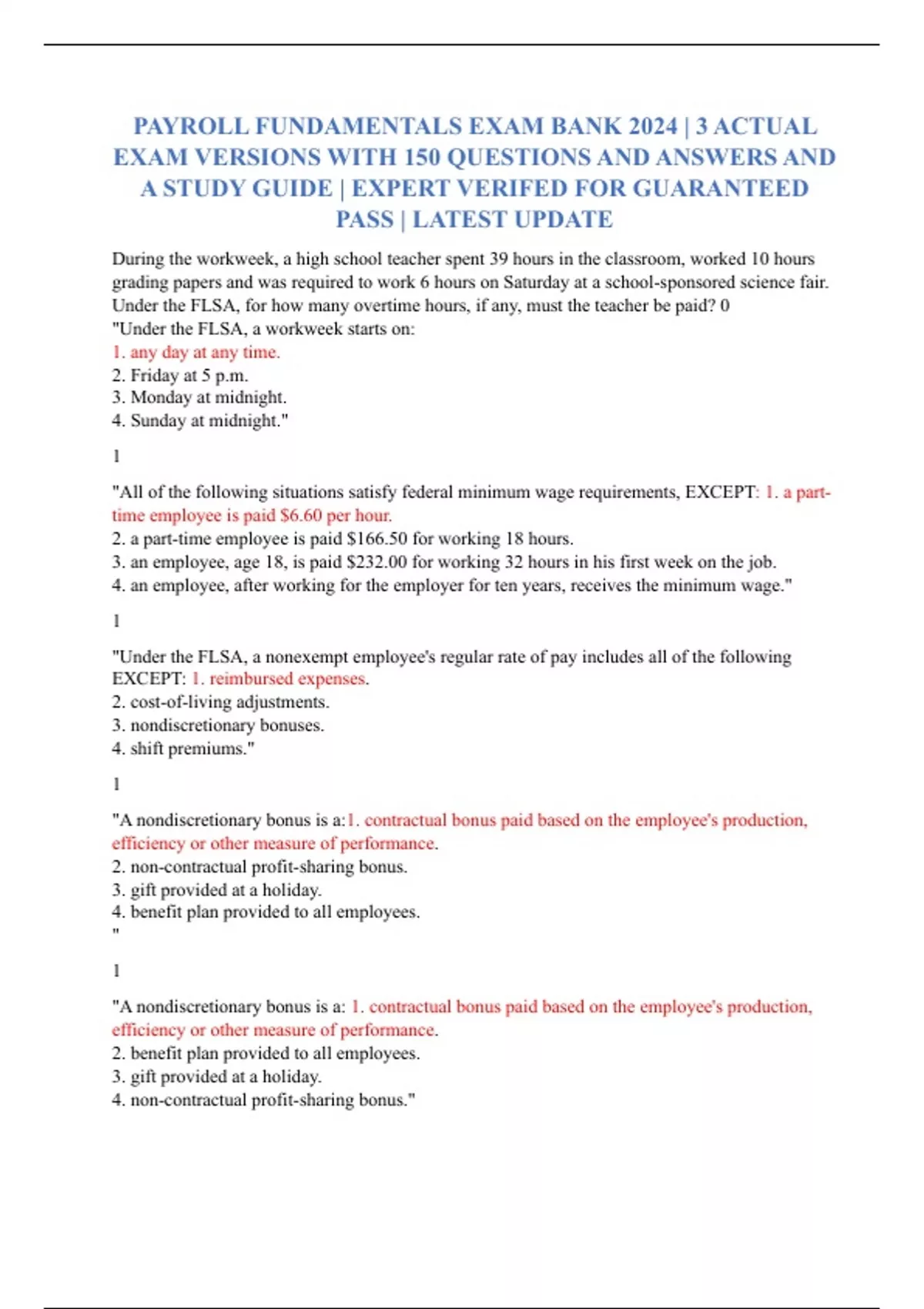 PAYROLL FUNDAMENTALS EXAM BANK 2024 | 3 ACTUAL EXAM VERSIONS WITH 150 ...