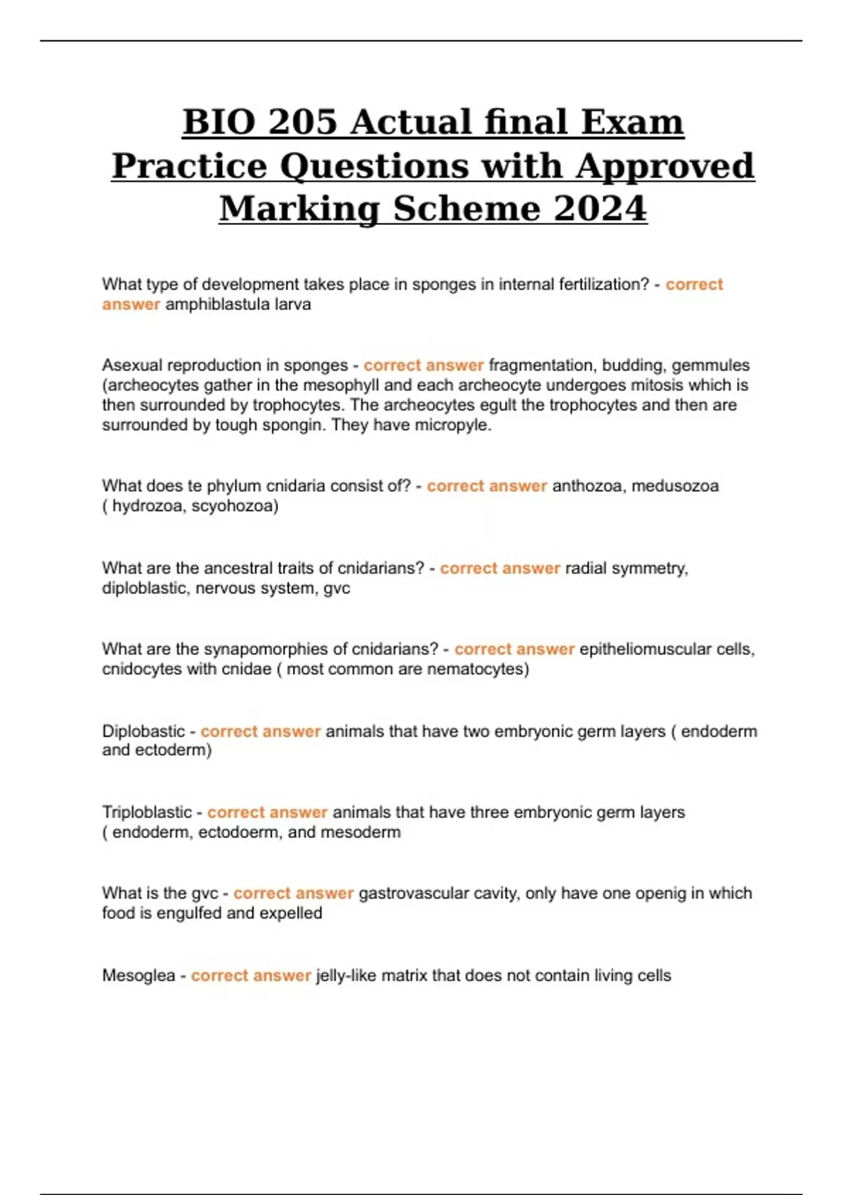 BIO 205 Actual final Exam Practice Questions with Approved Marking ...