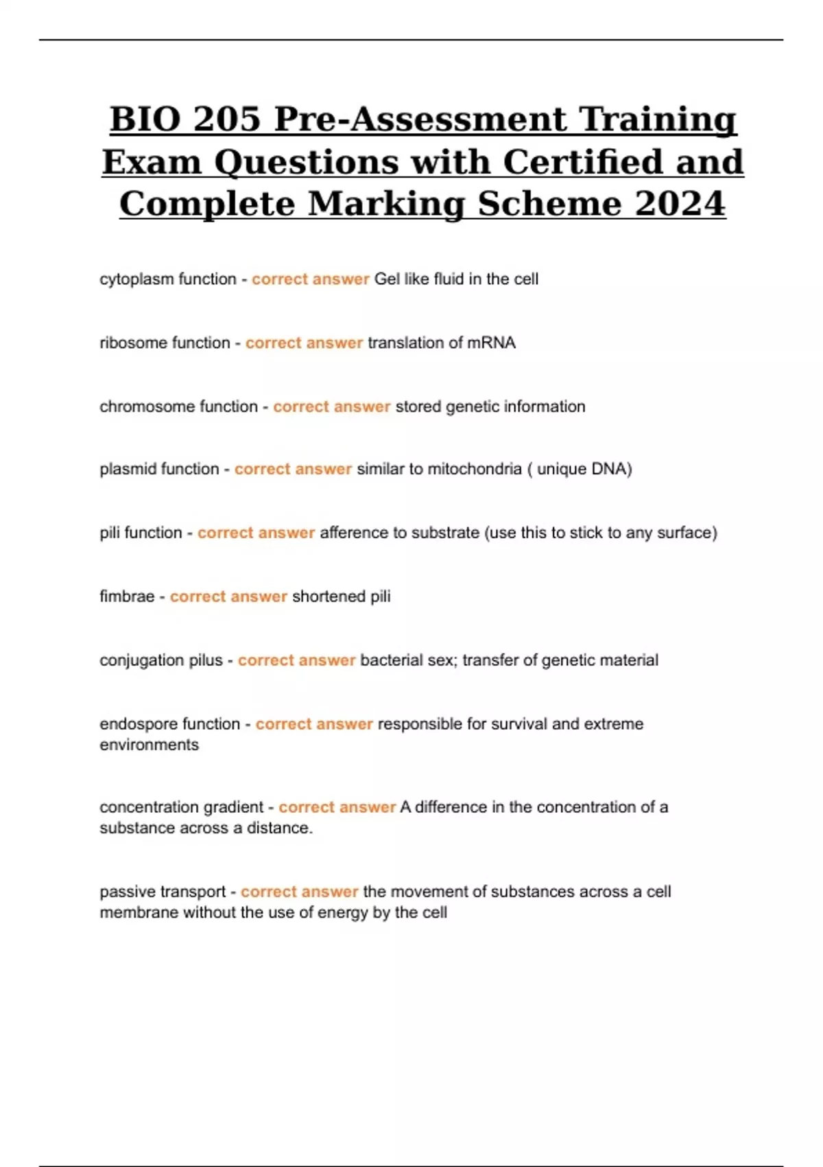 BIO 205 Pre-Assessment Training Exam Questions with Certified and ...