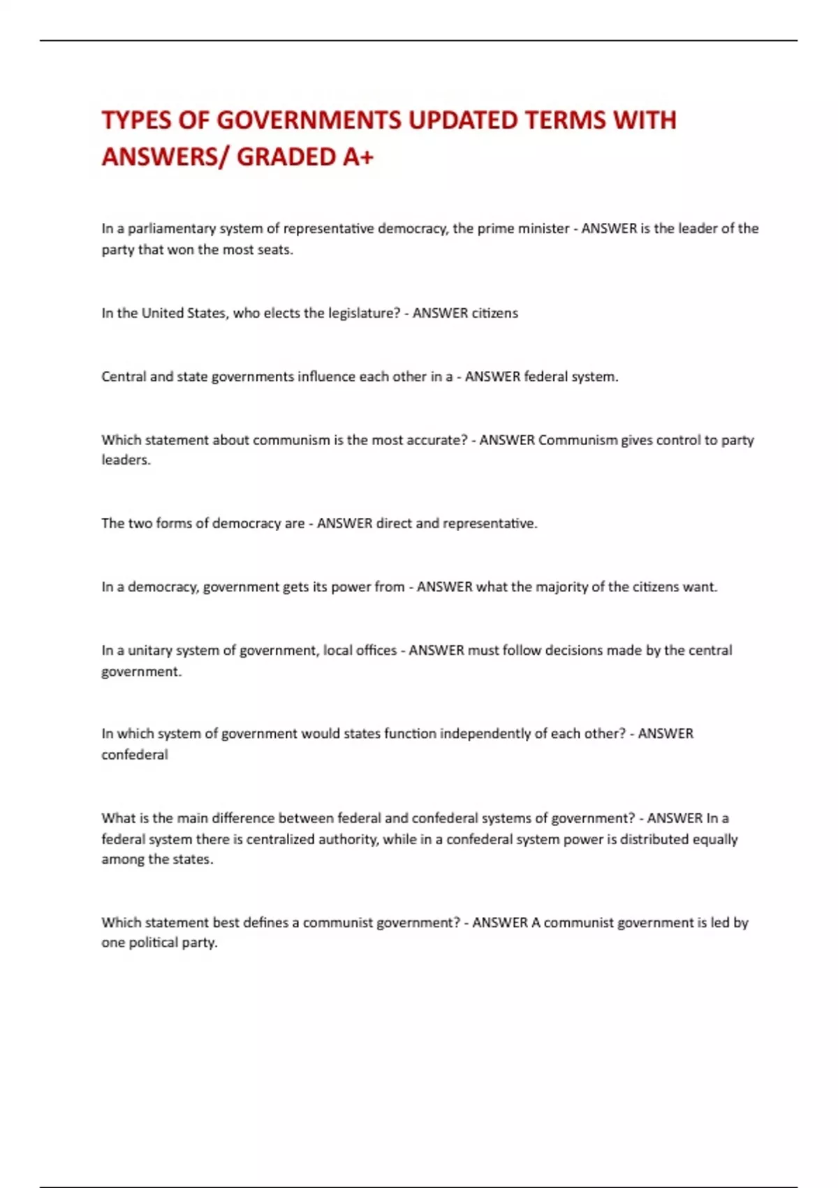 TYPES OF GOVERNMENTS UPDATED TERMS WITH ANSWERS GRADED A+ - Pre ...