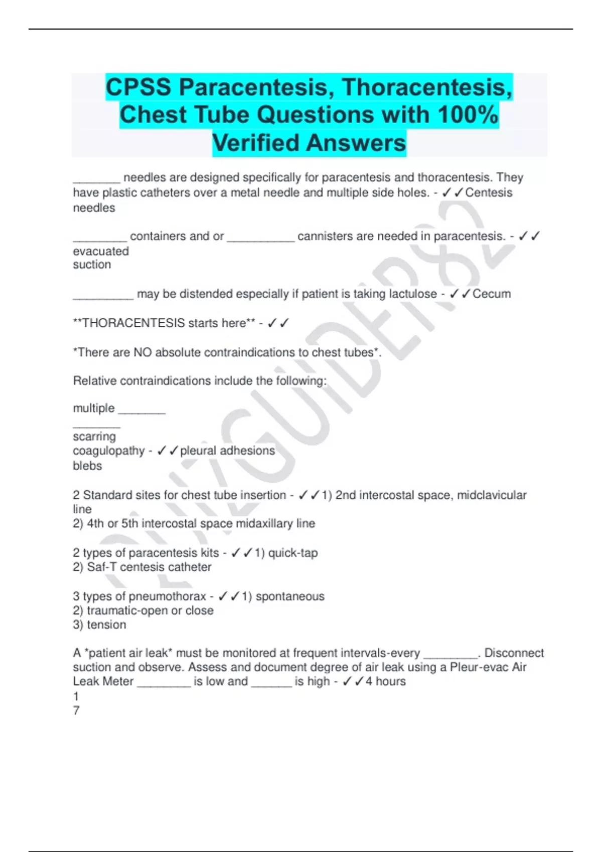 CPSS Paracentesis, Thoracentesis, Chest Tube Questions with 100% ...