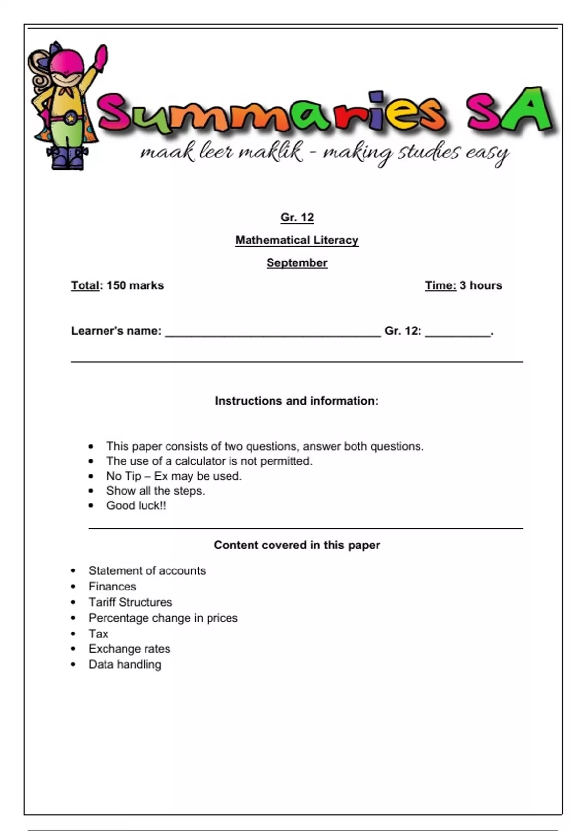 Grade 12 Mathematical Literacy (MATH LIT) September Paper 1 and Memo ...