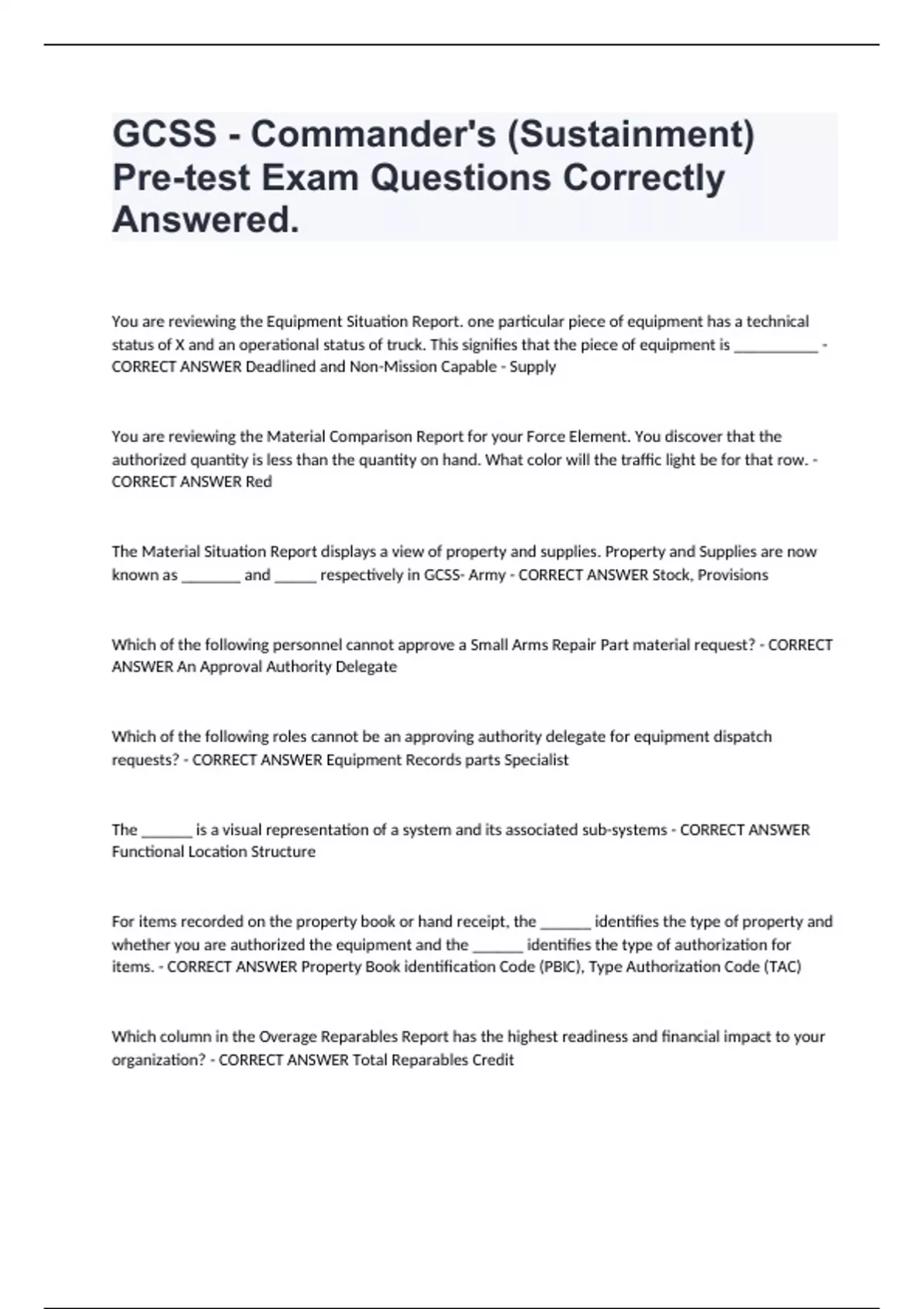GCSS - Commander's (Sustainment) Pre-test Exam Questions Correctly ...
