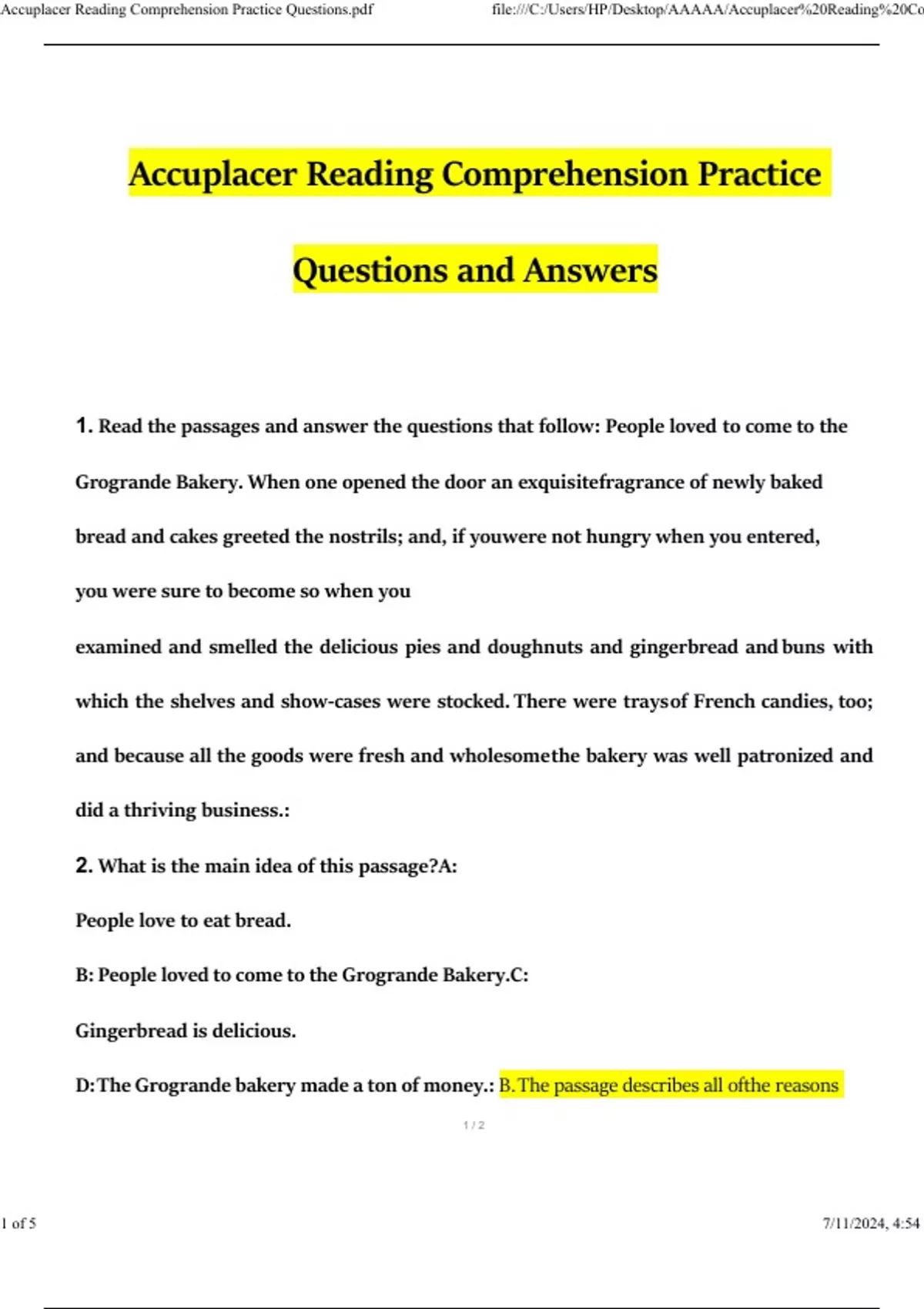 Accuplacer Reading Comprehension Practice Updated Questions and Answers ...