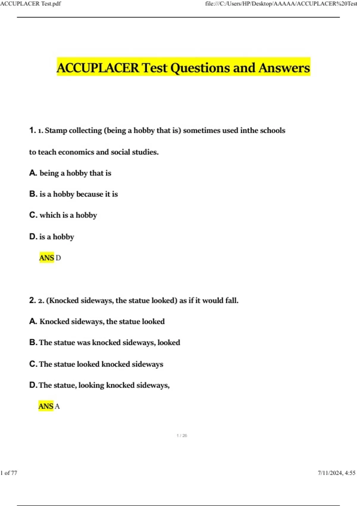 ACCUPLACER Test Updated Questions and Answers (2024/2025) (Verified ...