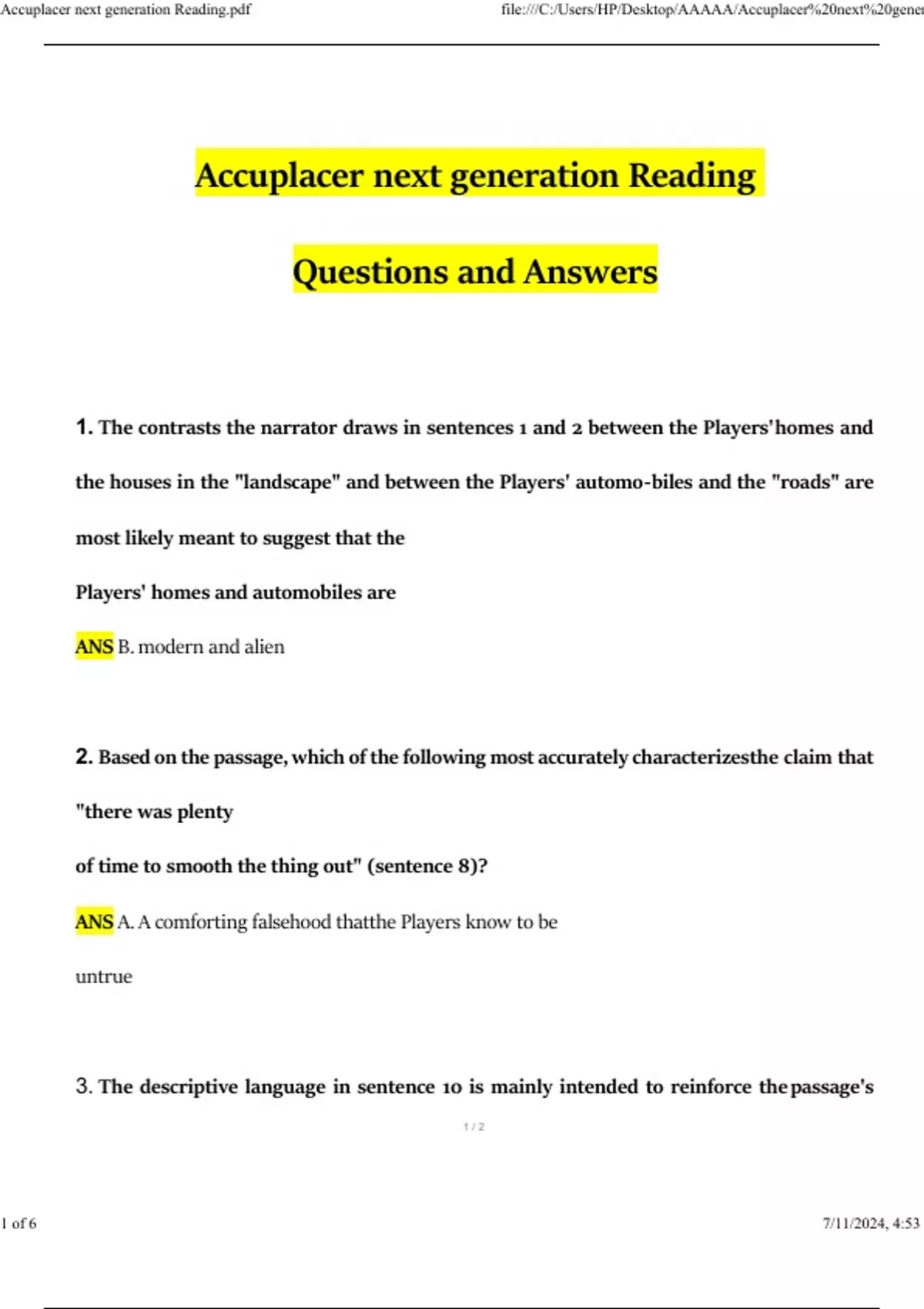 Accuplacer Next Generation Reading Updated Questions And Answers 2024 2025 Verified Answers