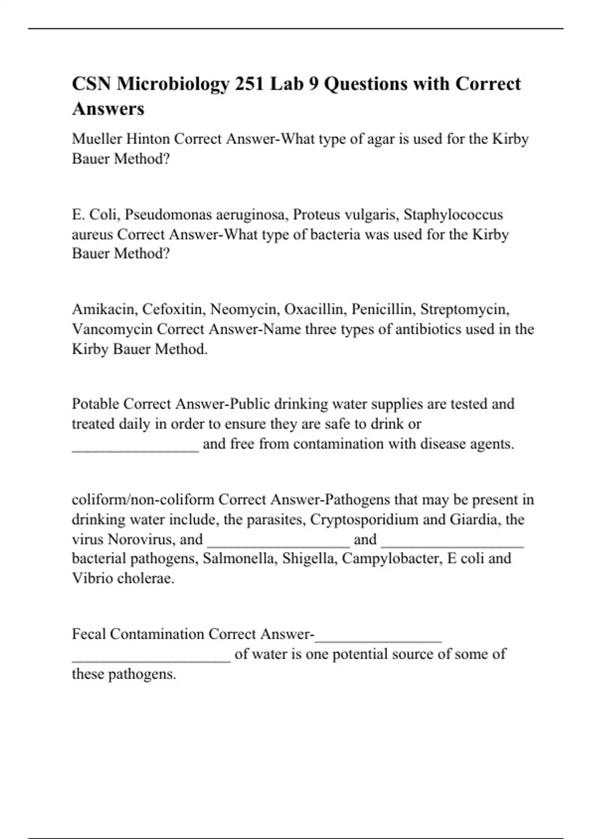 CSN Microbiology 251 Lab 9 Questions with Correct Answers - RN- Nursing - Stuvia US