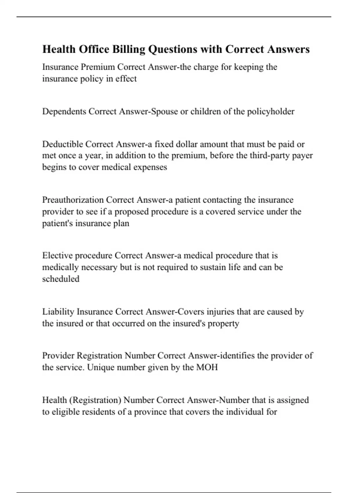 Health Office Billing Questions with Correct Answers - RN- Nursing ...