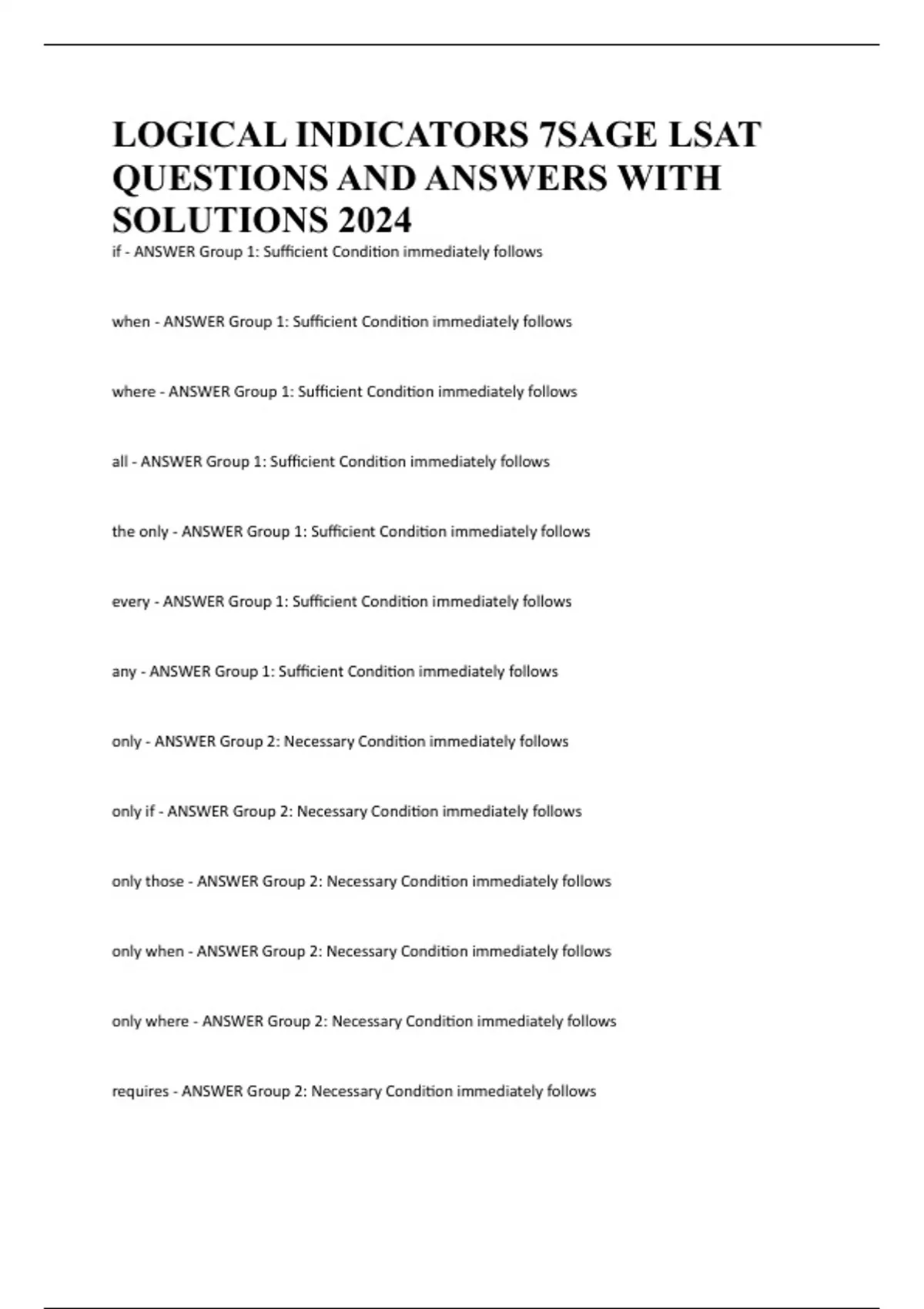 LOGICAL INDICATORS 7SAGE LSAT QUESTIONS AND ANSWERS WITH SOLUTIONS 2024 - LSAT - Stuvia US
