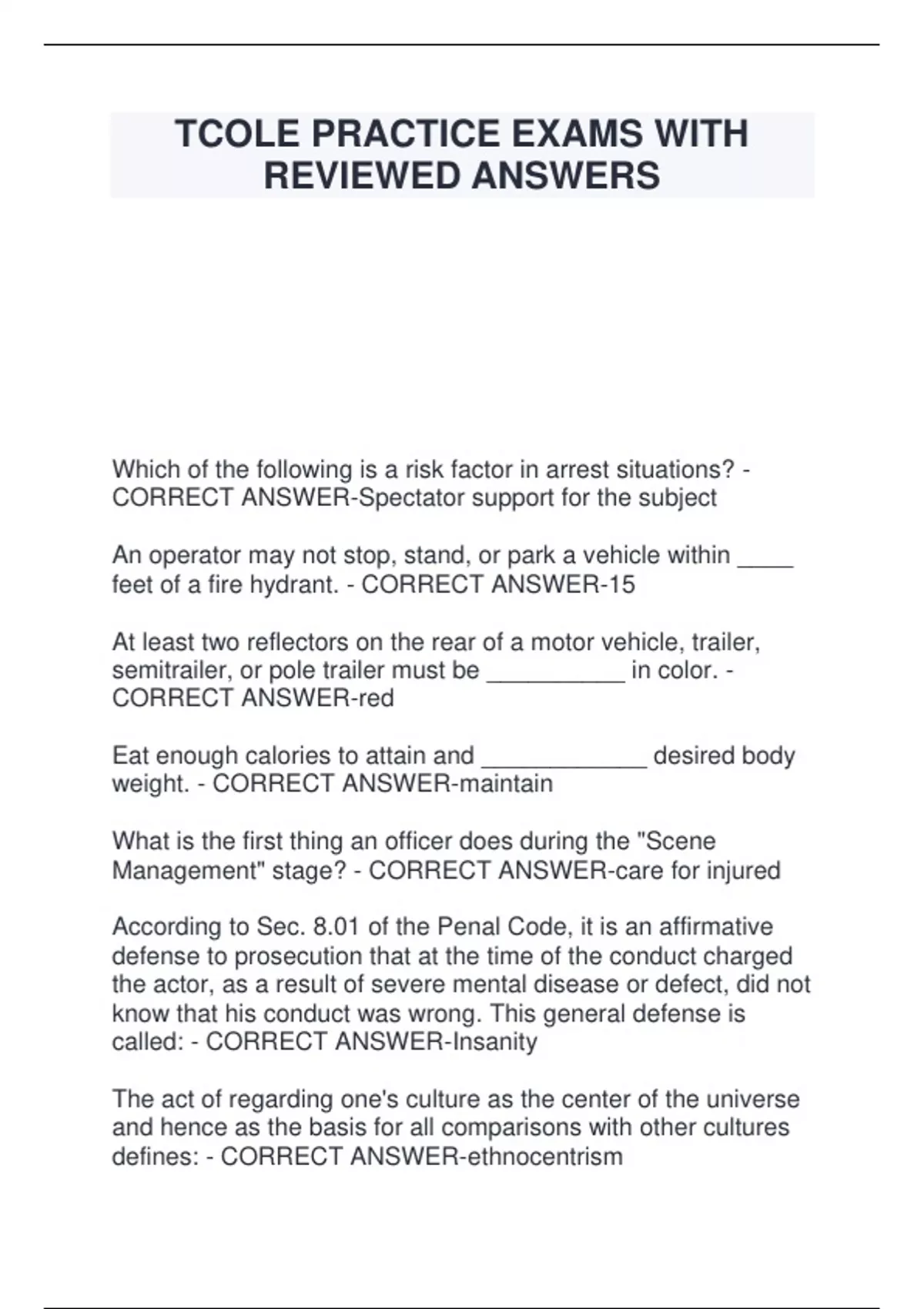 TCOLE PRACTICE EXAMS WITH REVIEWED ANSWERS - TCOLE - Stuvia NL