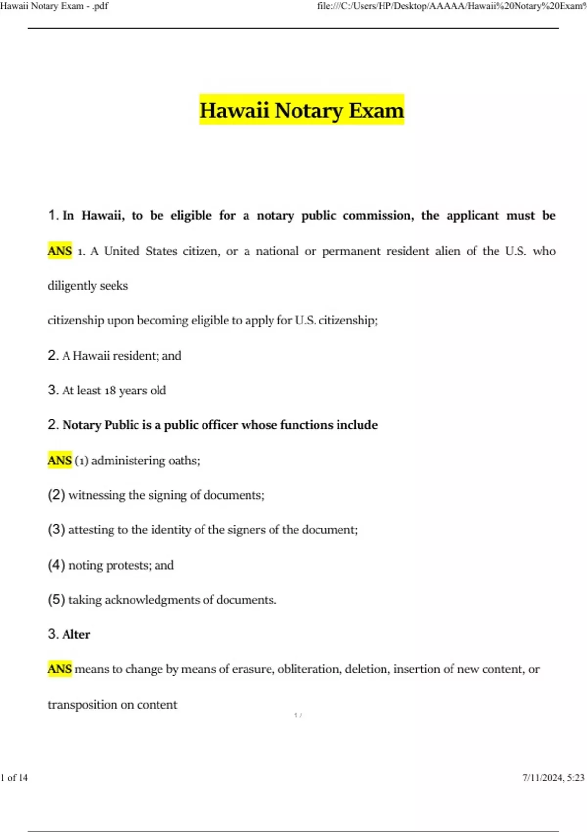 Hawaii Notary Exam Updated Questions and Answers (2024/2025) (Verified ...