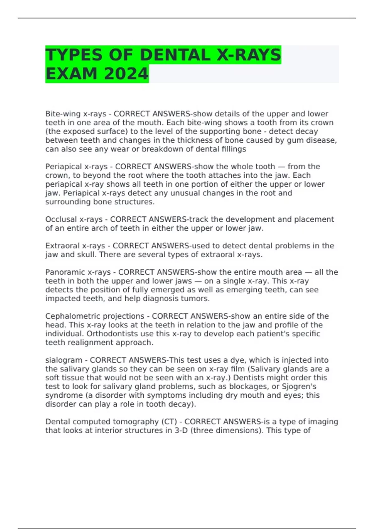 TYPES OF DENTAL X-RAYS EXAM 2024 - TYPES OF DENTAL X-RAYS - Stuvia US