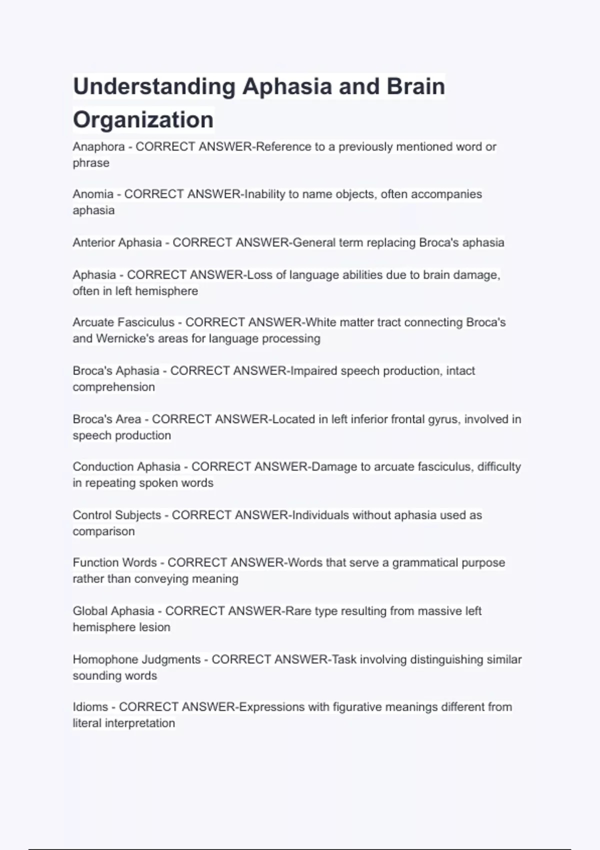 Understanding Aphasia and Brain Organization Exam (elaborations ...