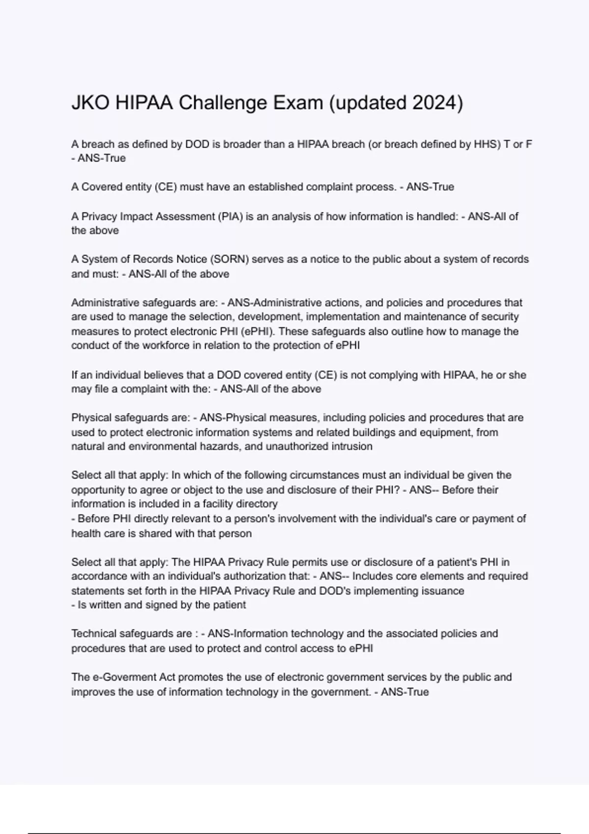 JKO HIPAA Challenge Exam (updated 2024) Exam (elaborations) Questions ...
