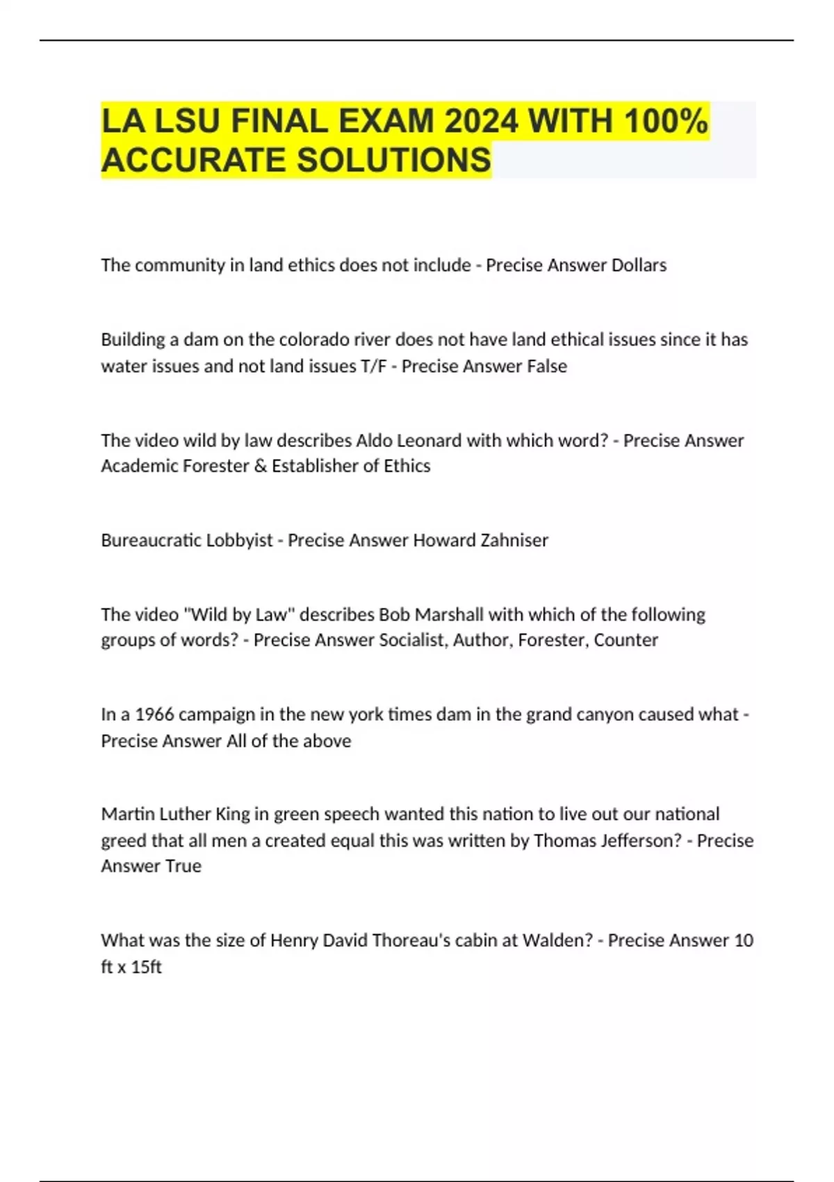 LA LSU FINAL EXAM 2024 WITH 100% ACCURATE SOLUTIONS - LA LSU - Stuvia US