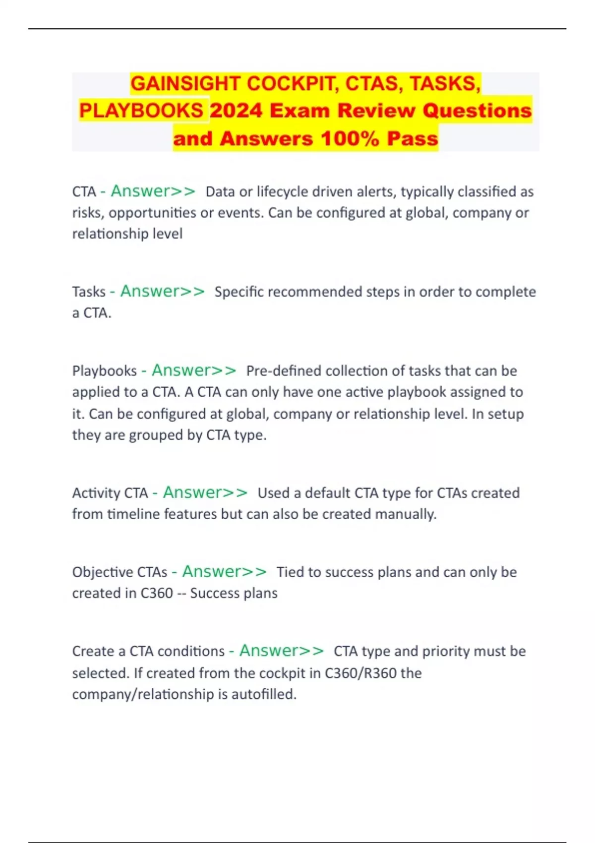 GAINSIGHT COCKPIT, CTAS, TASKS, PLAYBOOKS 2024 Exam Review Questions ...