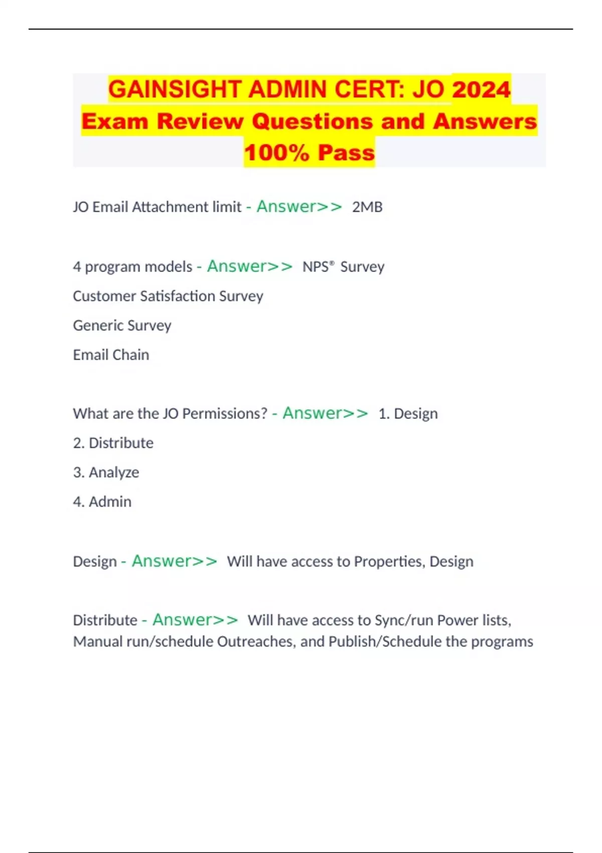 GAINSIGHT ADMIN CERT: JO 2024 Exam Review Questions and Answers 100% Pass - GAINSIGHT ADMIN ...