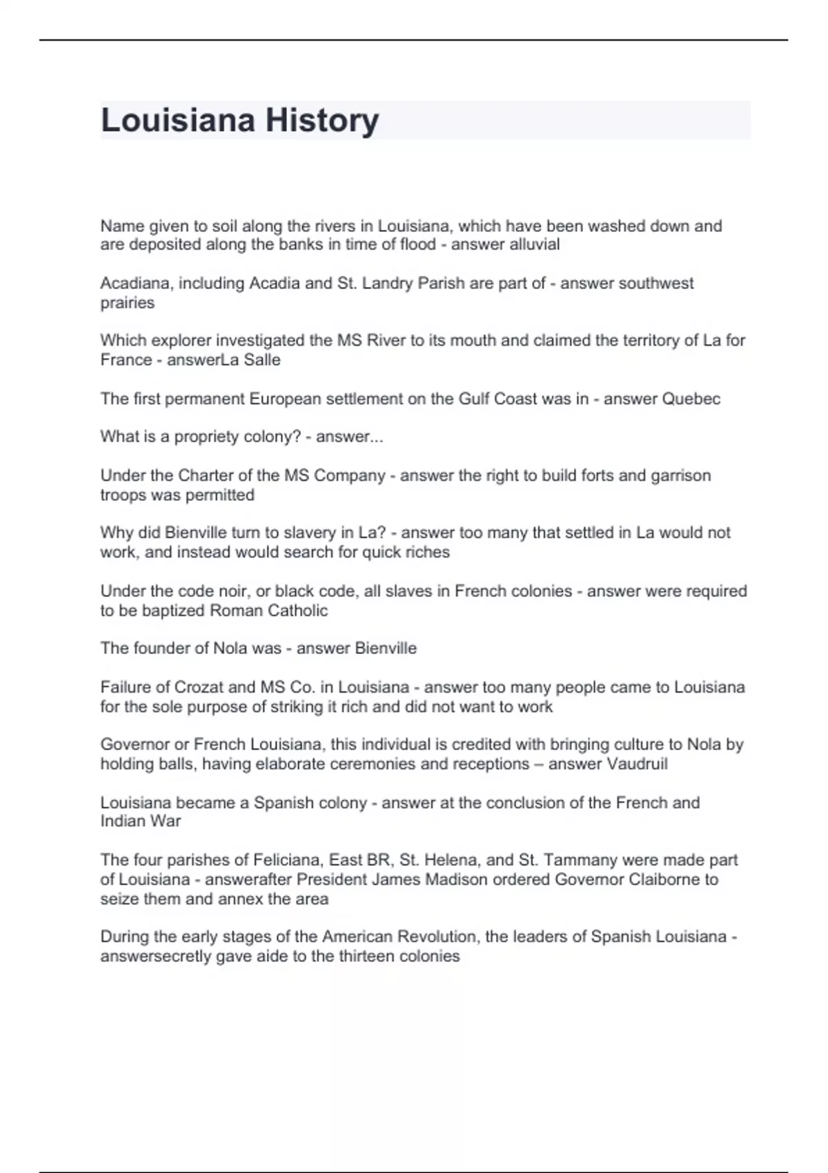 Louisiana History Questions with Solutions 2024 - Louisiana - Stuvia US