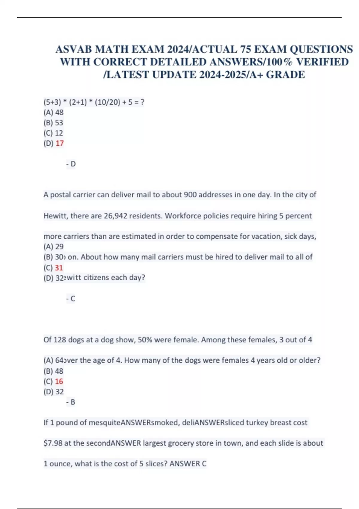 ASVAB MATH EXAM 2024/ACTUAL 75 EXAM QUESTIONS WITH CORRECT DETAILED ...
