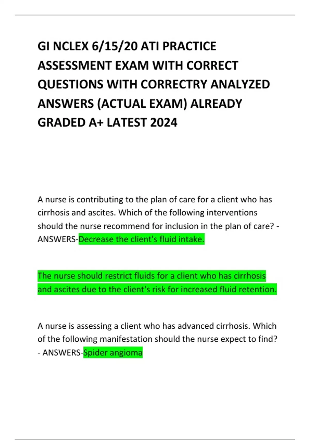 GI NCLEX 6/15/20 ATI PRACTICE ASSESSMENT EXAM WITH CORRECT QUESTIONS ...