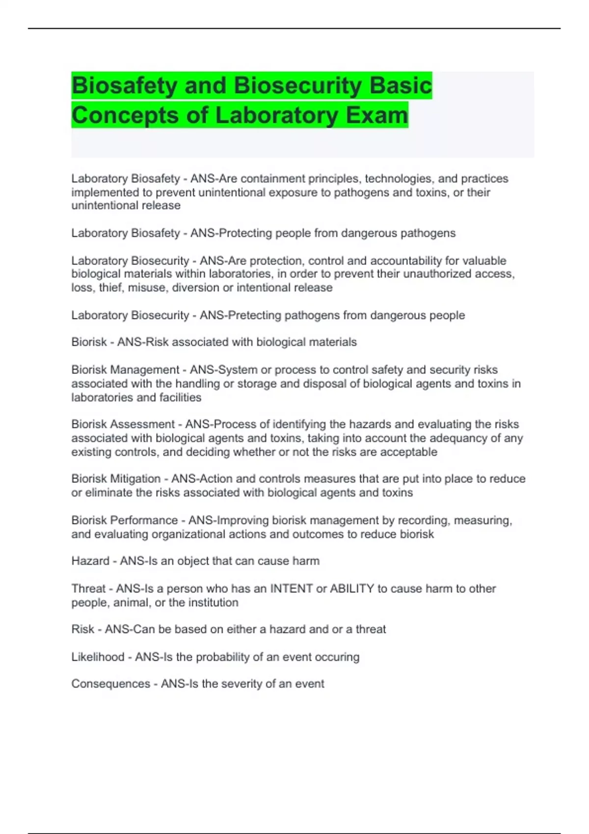 Biosafety and Biosecurity Basic Concepts of Laboratory Exam - Bio ...