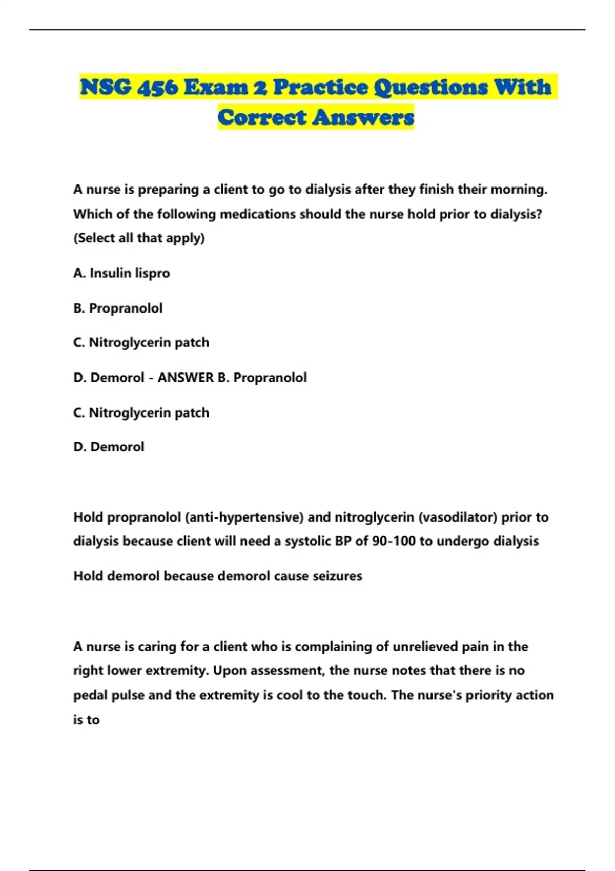 NSG 456 Exam 2 Practice Questions With Correct Answers - NSG 456 - Stuvia US