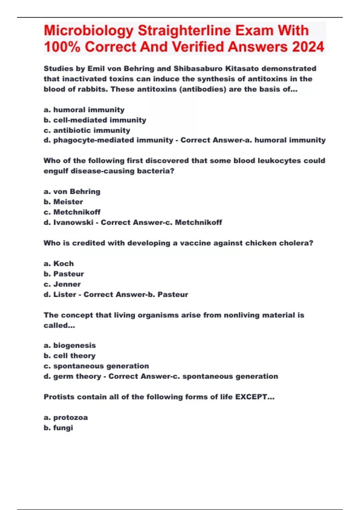 Microbiology Straighterline Exam With 100% Correct And Verified Answers ...