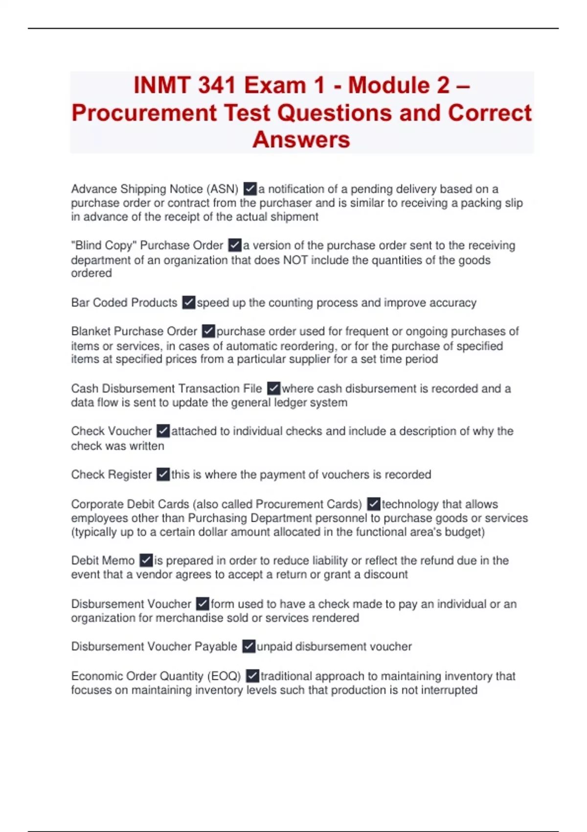 INMT 341 Exam 1 - Module 2 – Procurement Test Questions and Correct ...