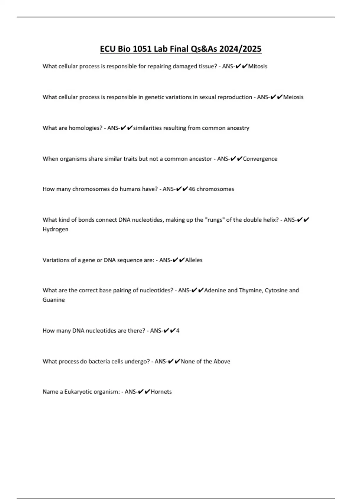 ECU Bio 1051 Lab Final Qs&As 2024/2025 - ECU Bio - Stuvia US
