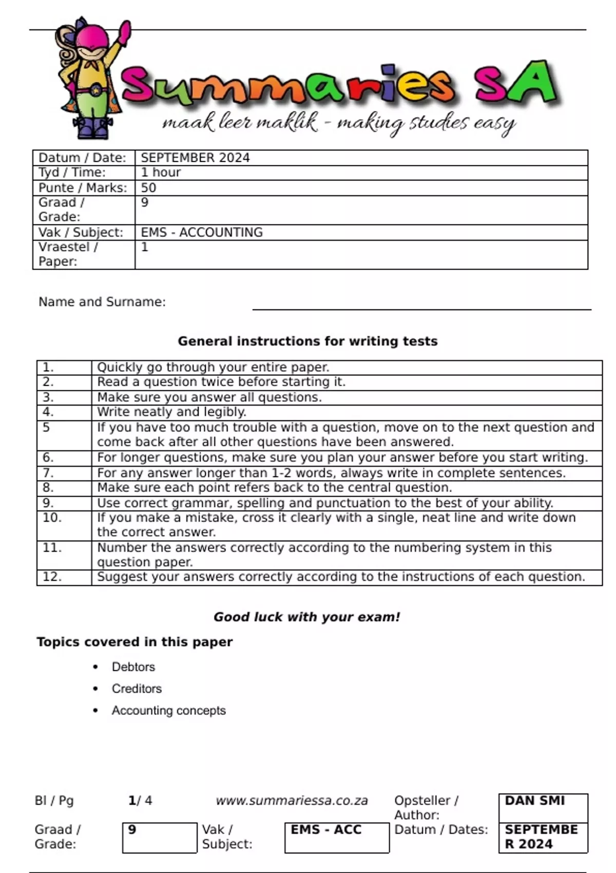 Grade 9 Economic and Management Science (EMS) (Accounting) September Paper 1 and Memo - 2024 ...