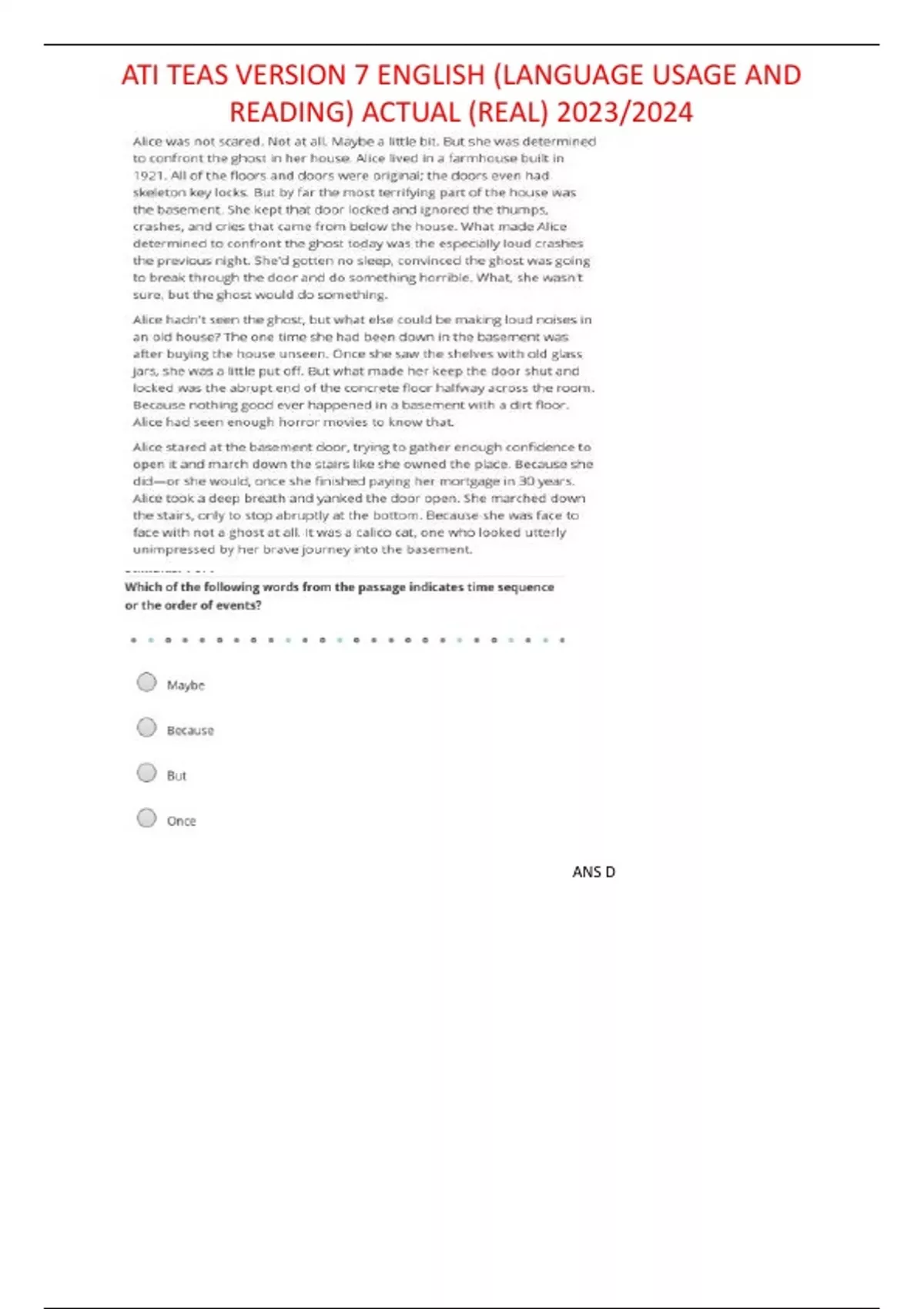 ATI TEAS VERSION 7 ENGLISH (LANGUAGE USAGE AND READING) ACTUAL (REAL ...