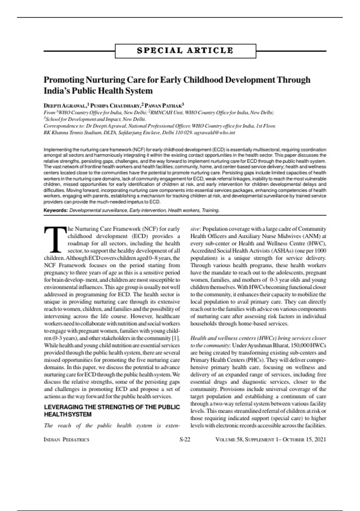 Promoting Nurturing Care for Early Childhood Development Through India ...