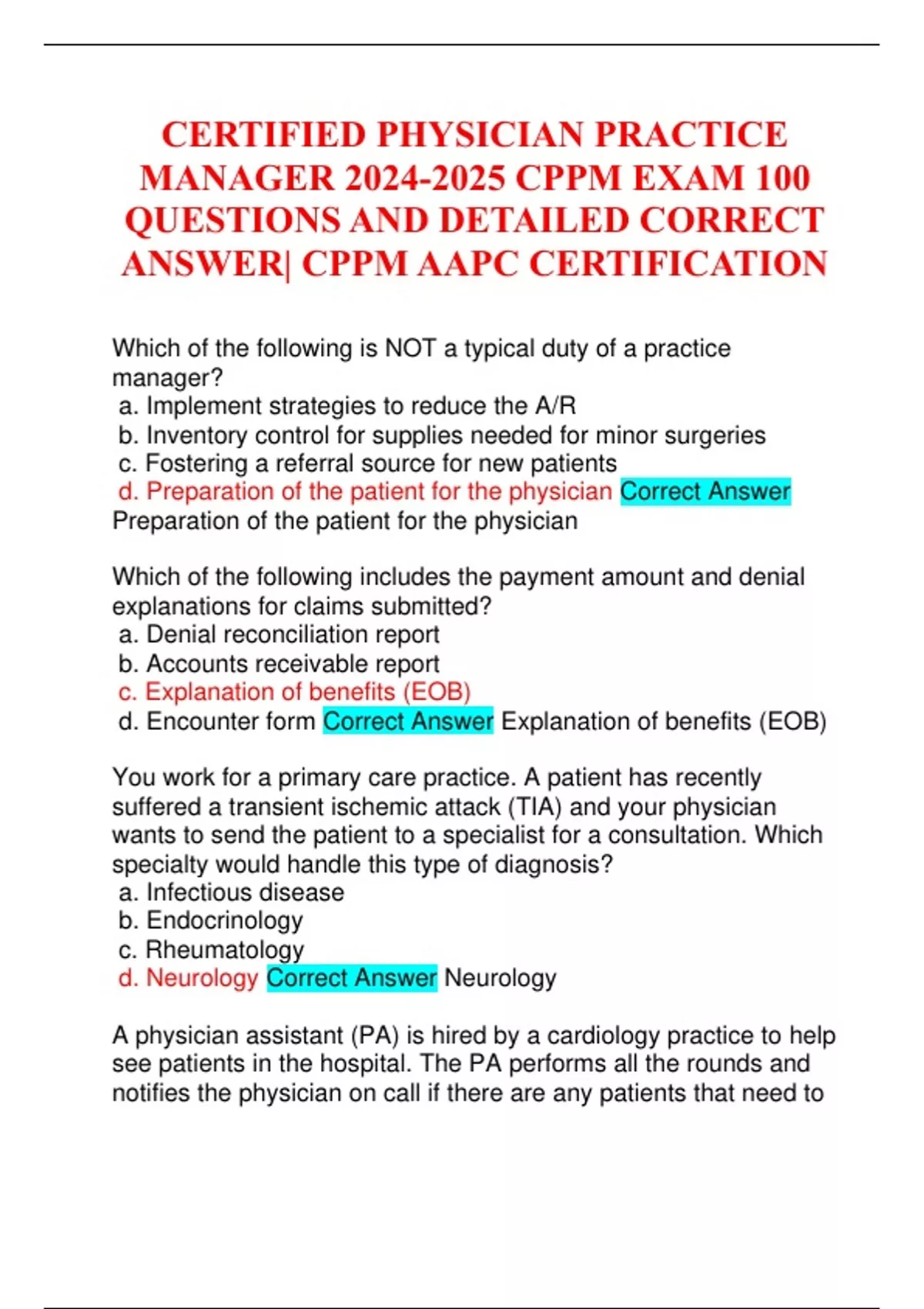 CERTIFIED PHYSICIAN PRACTICE MANAGER CPPM EXAM 100 QUESTIONS AND DETAILED CORRECT ANSWER| CPPM ...