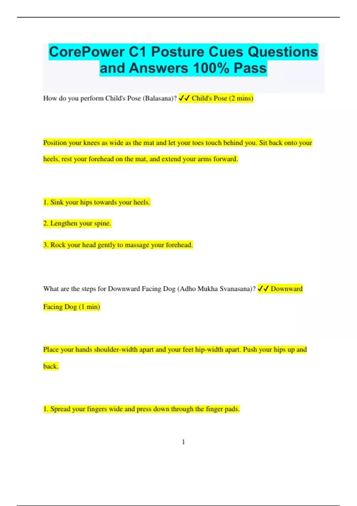 CorePower C1 Posture Cues Questions and Answers 100% Pass - CorePower ...