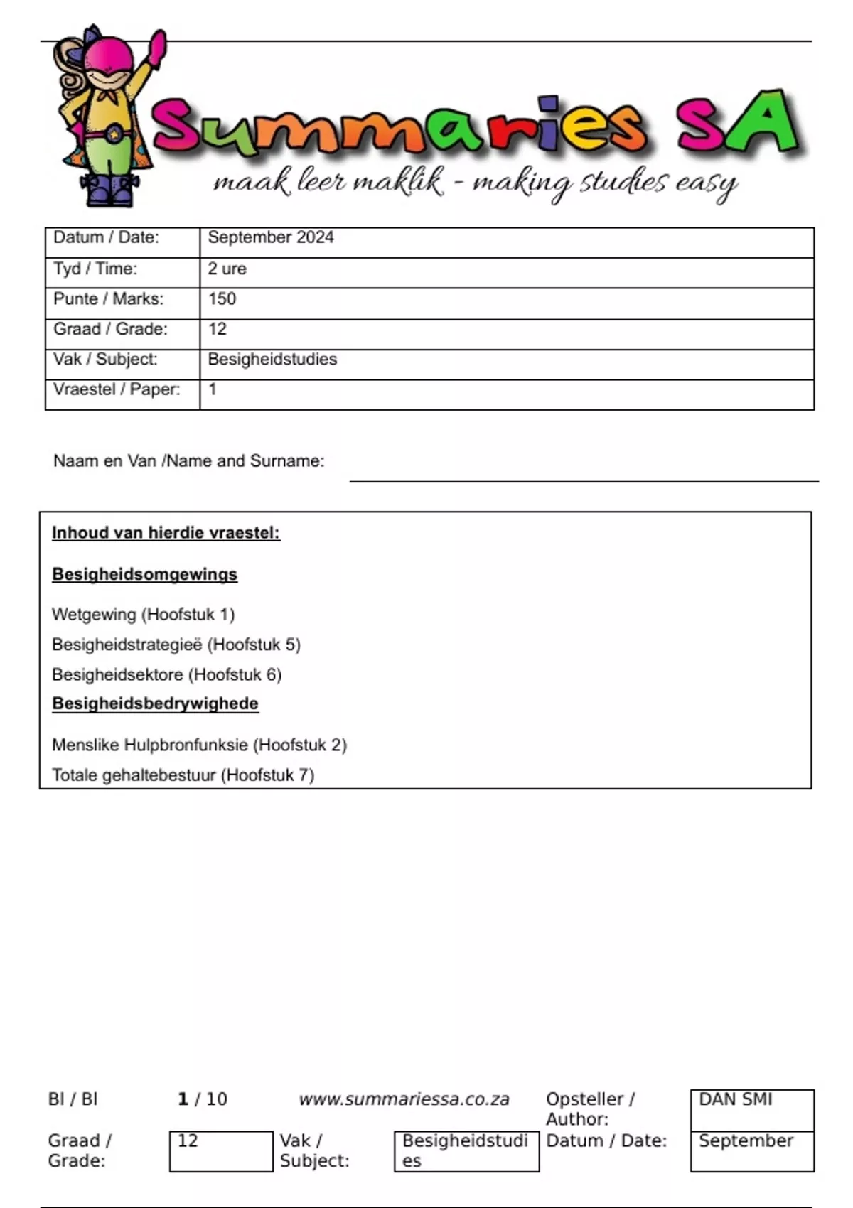 Graad 12 Besigheidstudies (BS) September Vraestel 1 en Memo - 2024 ...