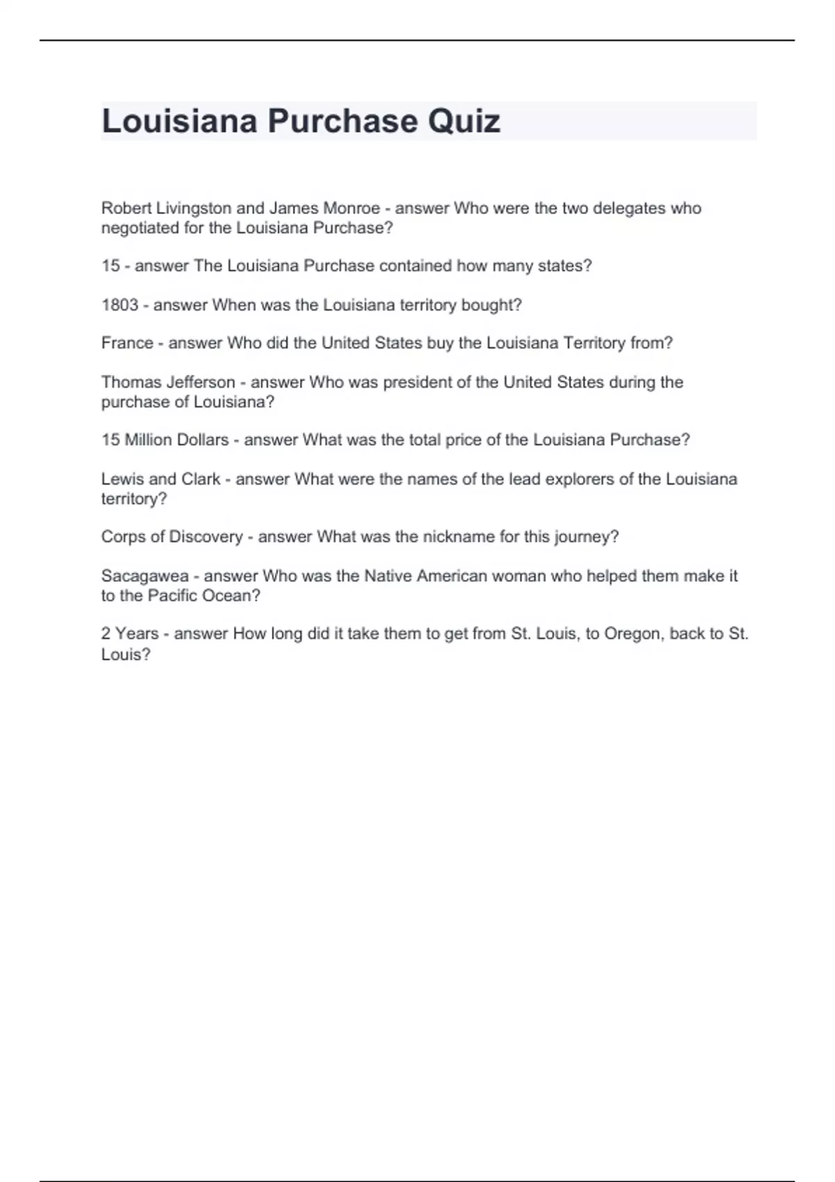 Louisiana Purchase Quiz Questions with Solutions - Louisiana - Stuvia US