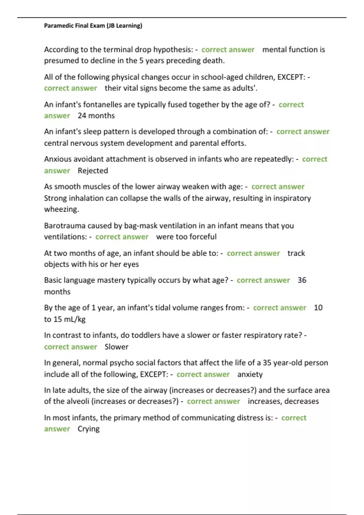 Paramedic Final Exam (JB Learning) 300 questions with correct answers ...