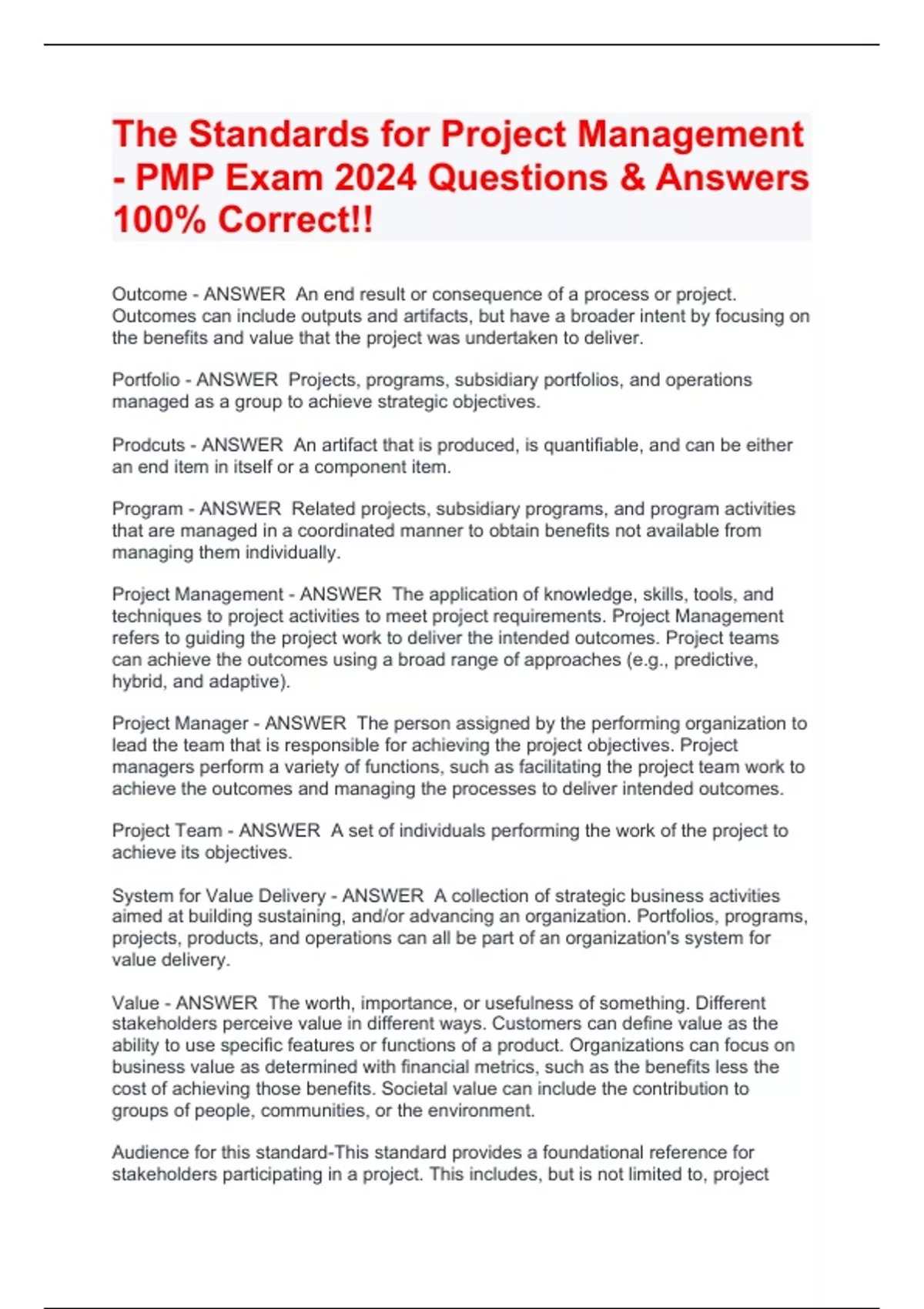 The Standards for Project Management - PMP Exam 2024 Questions & Answers 100% Correct!! - - PMP ...