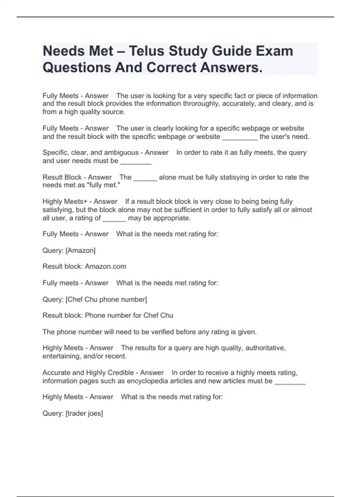 Needs Met – Telus Study Guide Exam Questions And Correct Answers ...