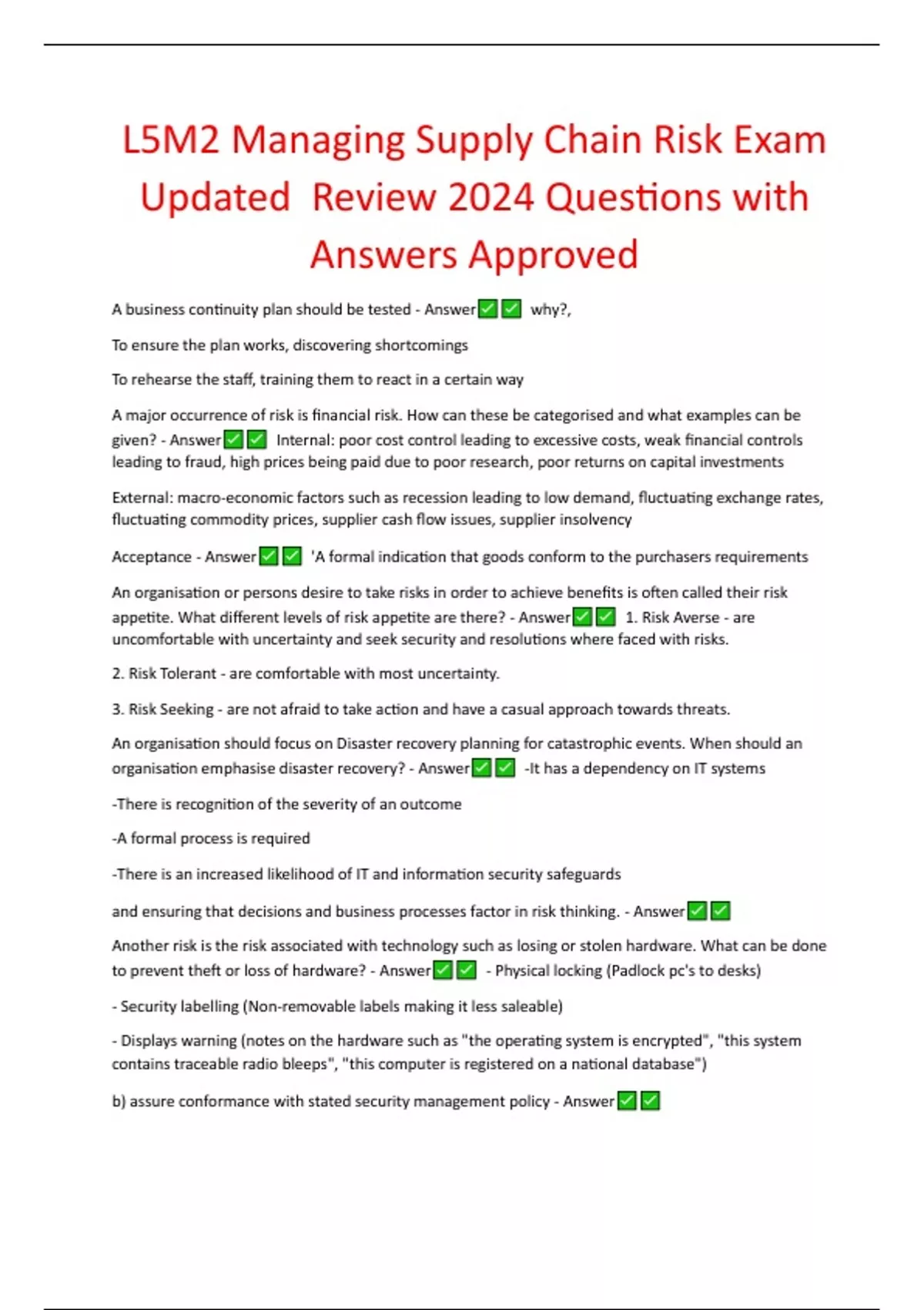 L5M2 Managing Supply Chain Risk Exam Updated Review 2024 Questions with ...