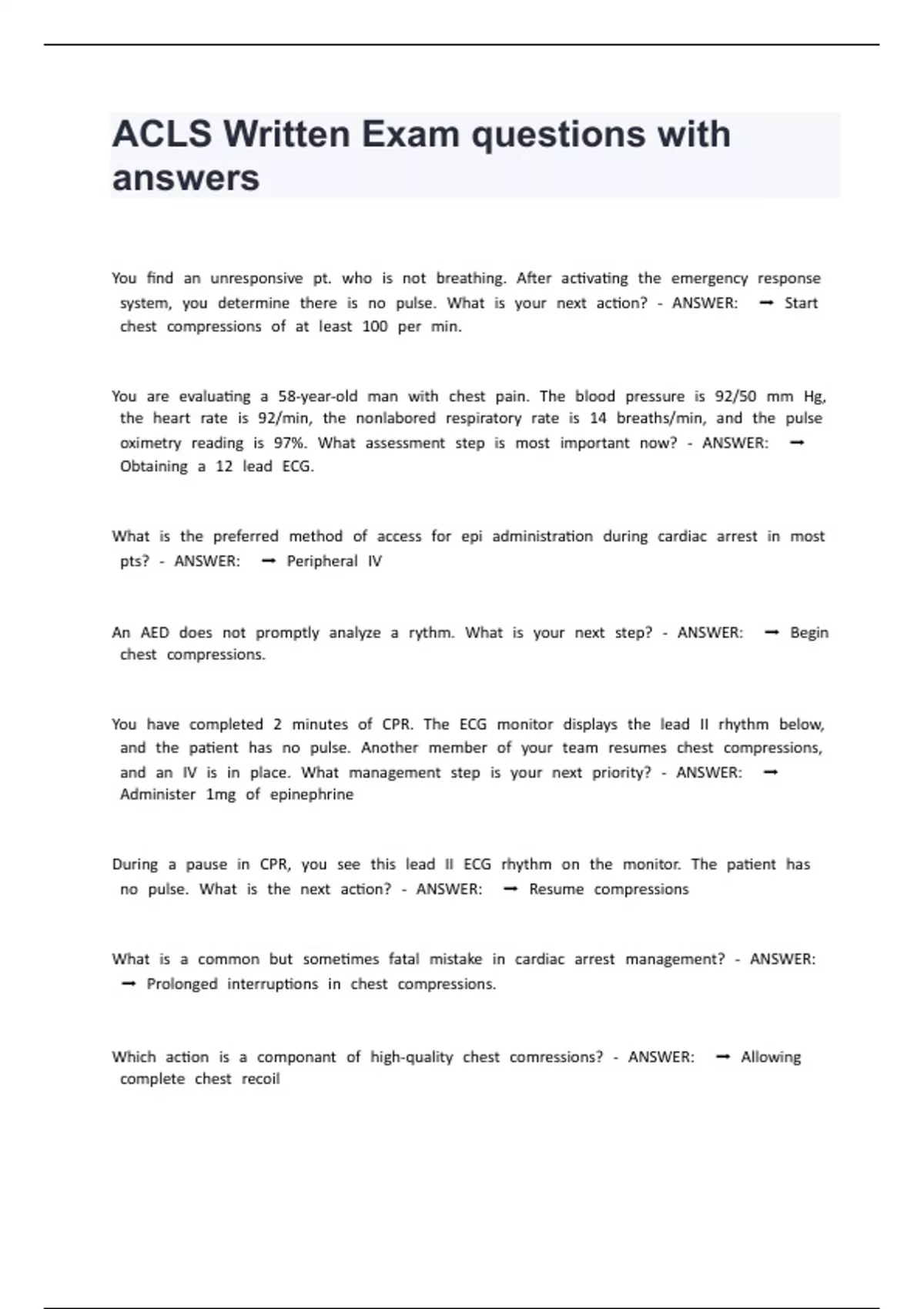 ACLS Written Exam questions with answers - Acls - Stuvia US