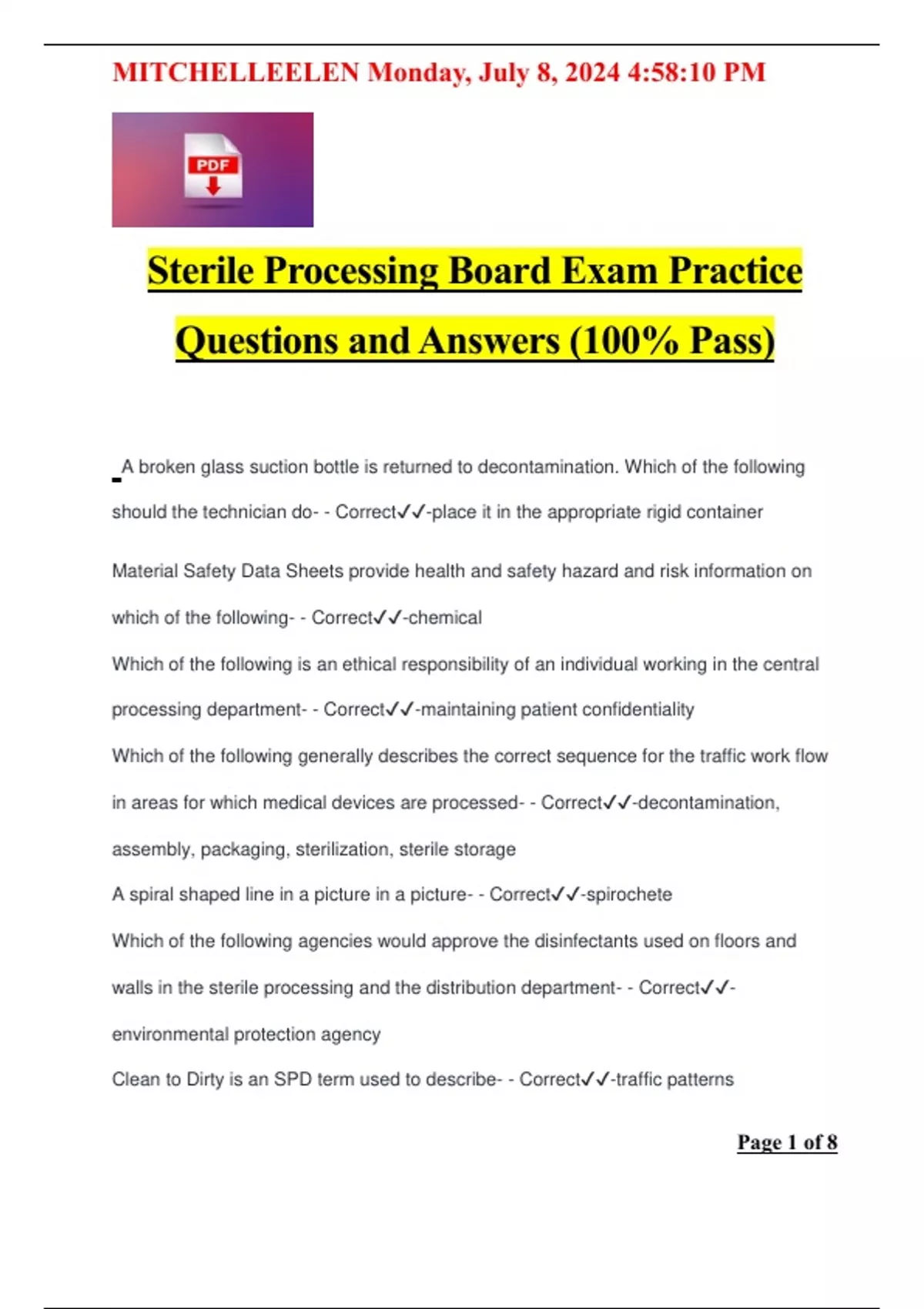 Sterile Processing Board Exam Practice Questions and Answers (100% Pass ...