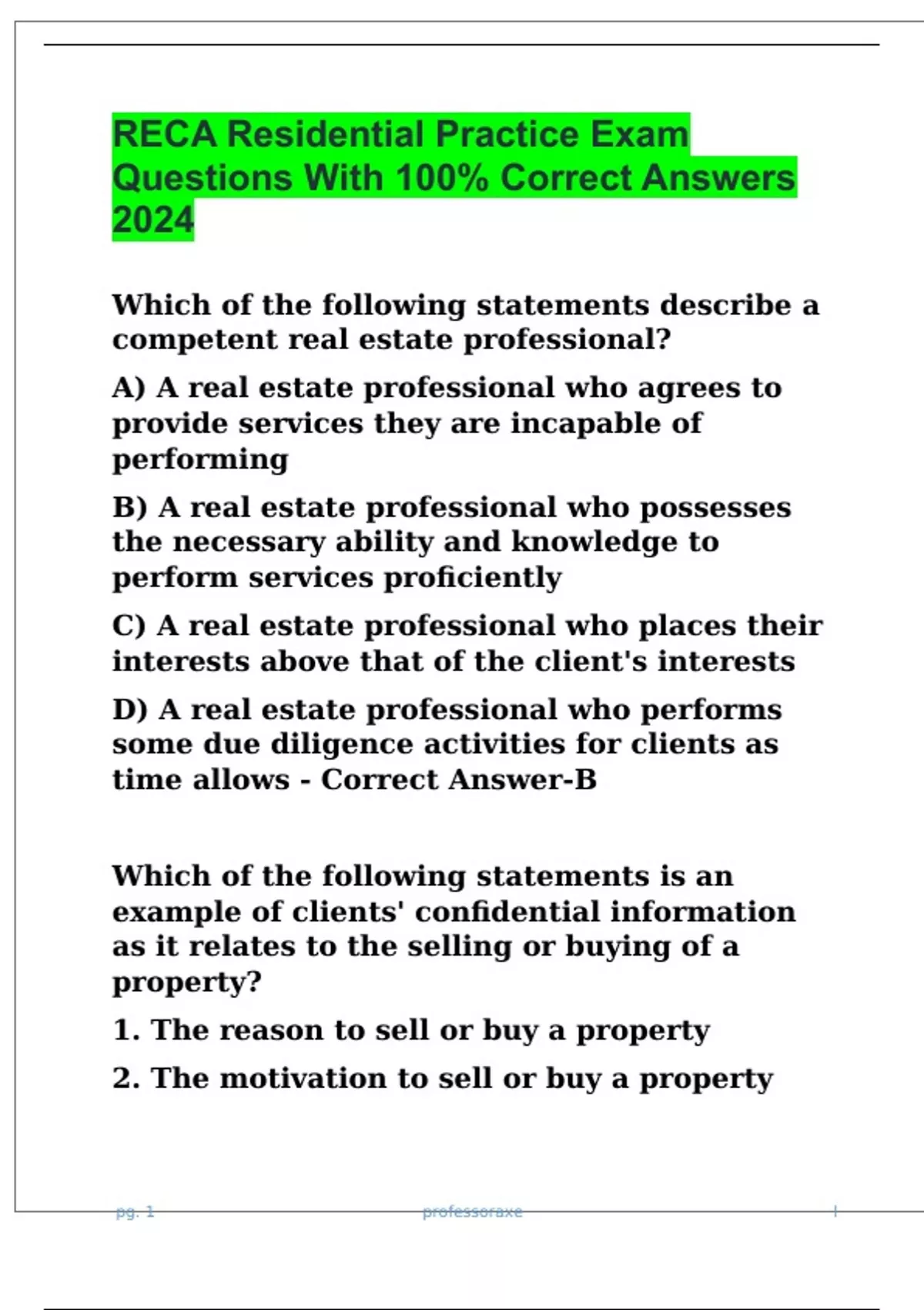 Reca Residential Practice Exam Questions With 100 Correct Answers 2024