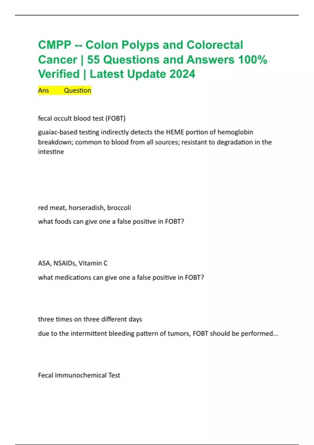 CMPP -- Colon Polyps and Colorectal Cancer | 55 Questions and Answers ...