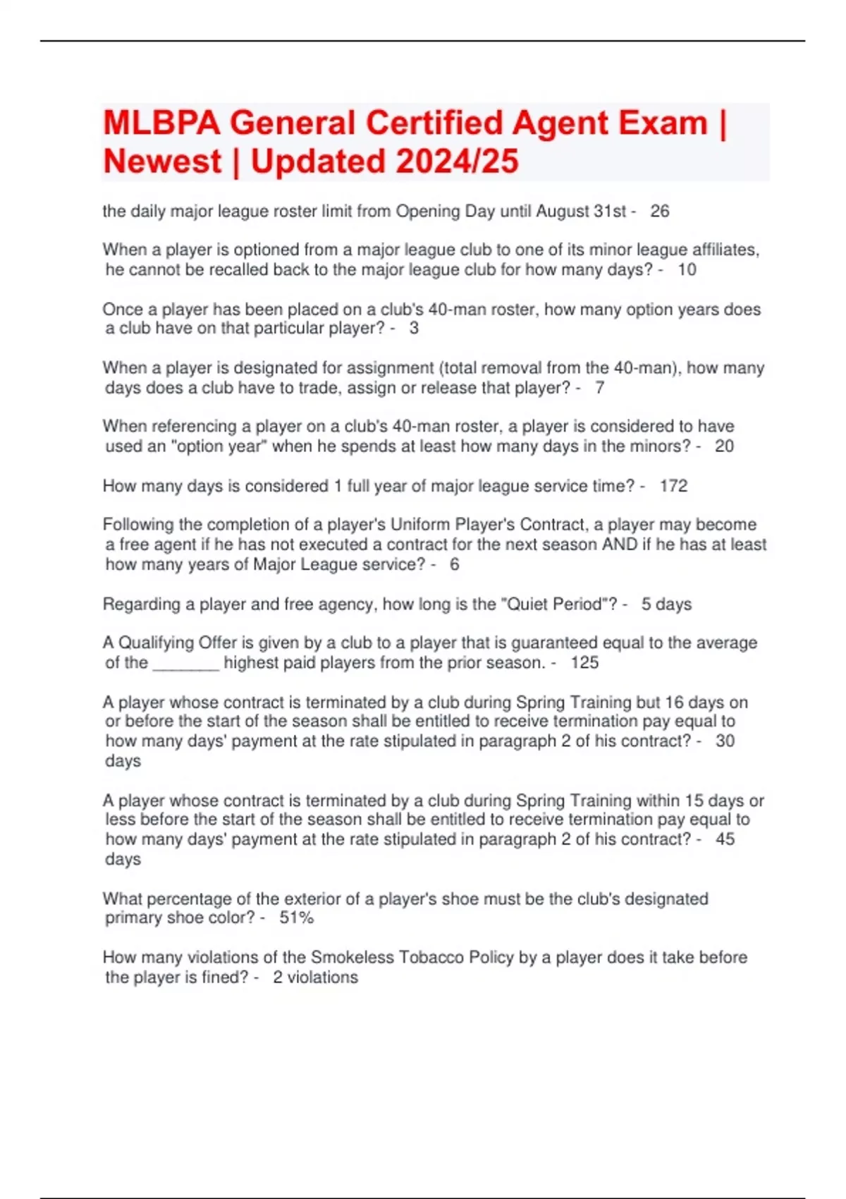 MLBPA General Certified Agent Exam | Newest | Updated 2024/25 - MLBPA ...