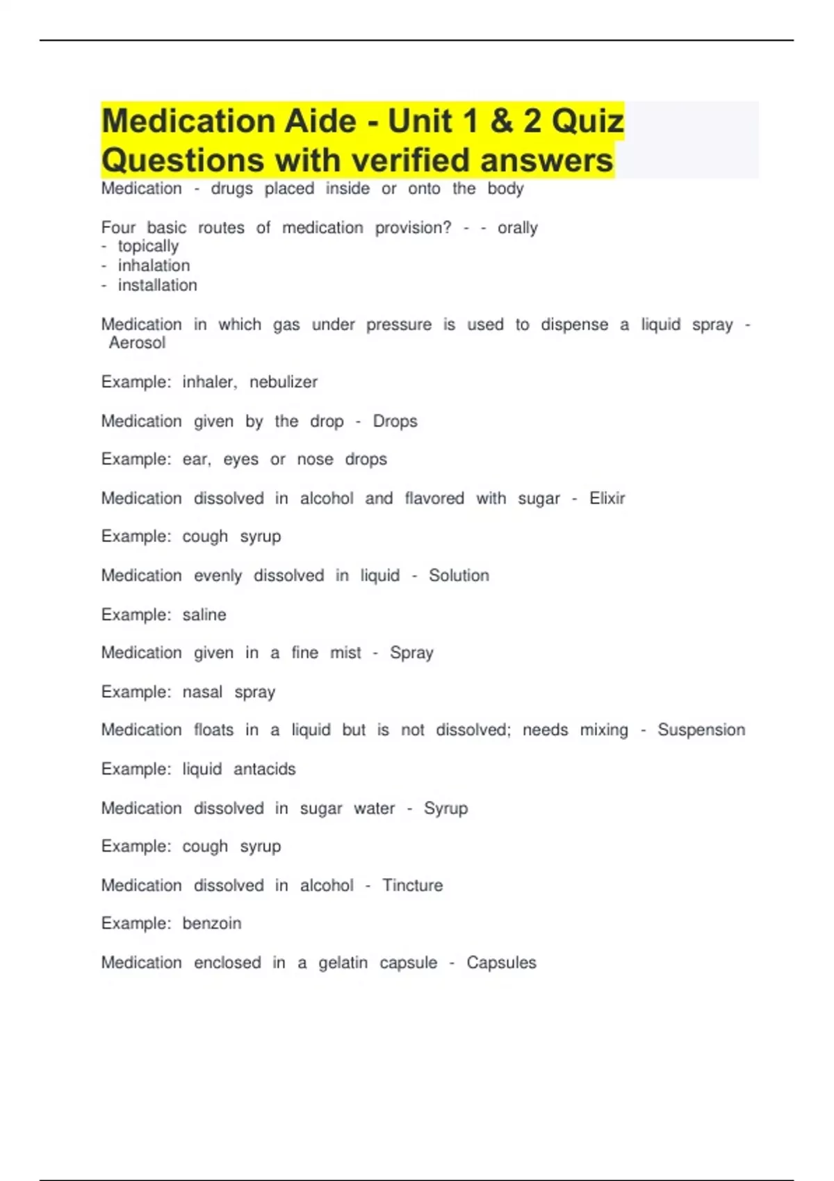 Medication Aide - Unit 1 & 2 Quiz - Medication Aide - - Stuvia US