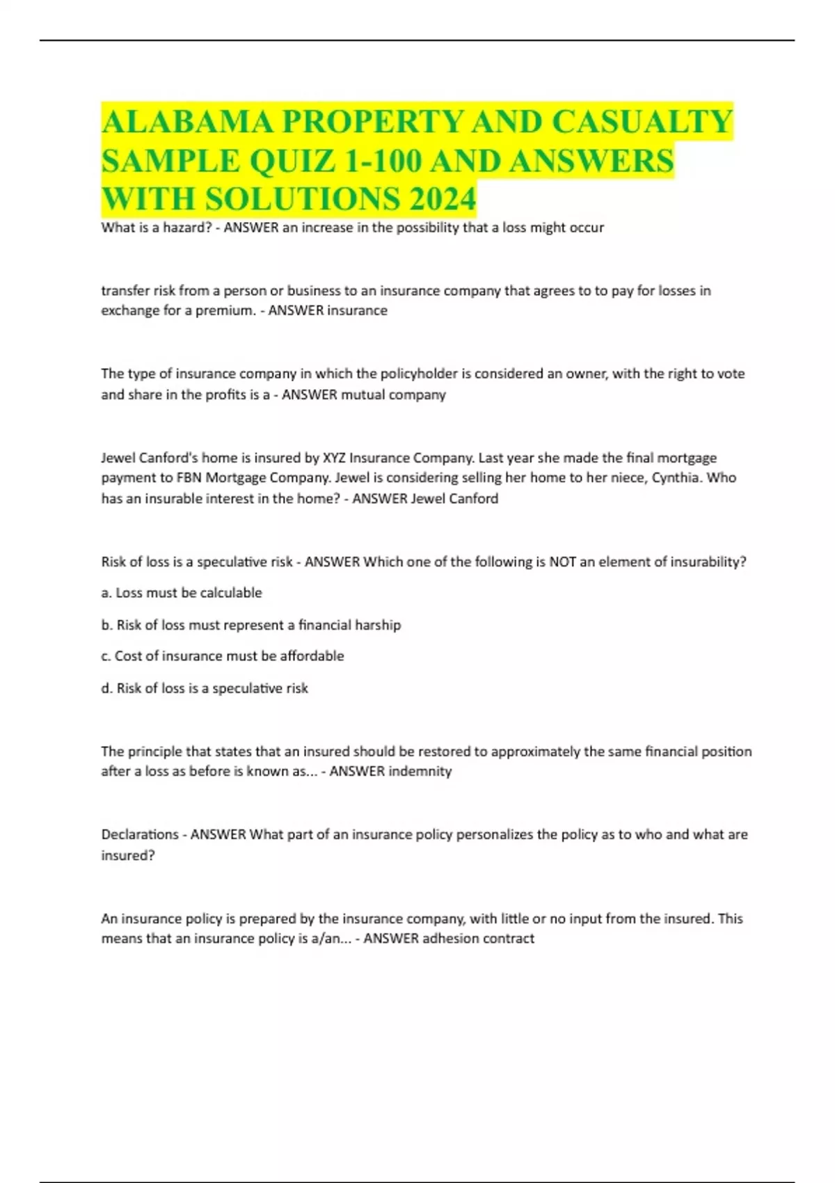 ALABAMA PROPERTY AND CASUALTY SAMPLE QUIZ 1-100 AND ANSWERS WITH ...