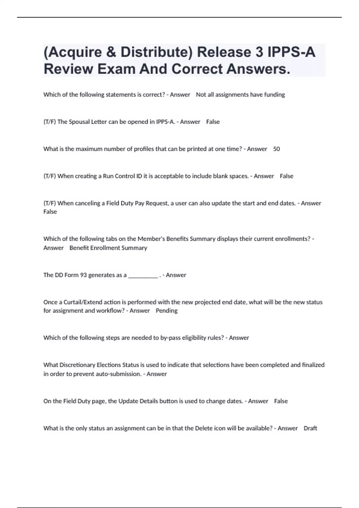 (Acquire & Distribute) Release 3 IPPS-A Review Exam And Correct Answers ...