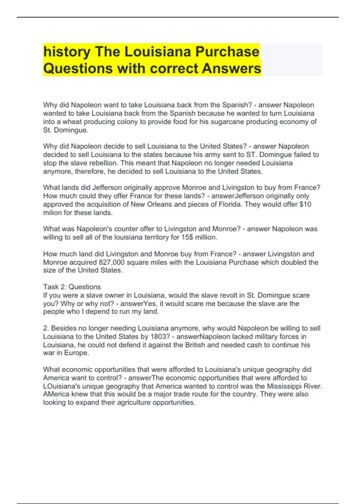 history The Louisiana Purchase Questions with correct Answers ...